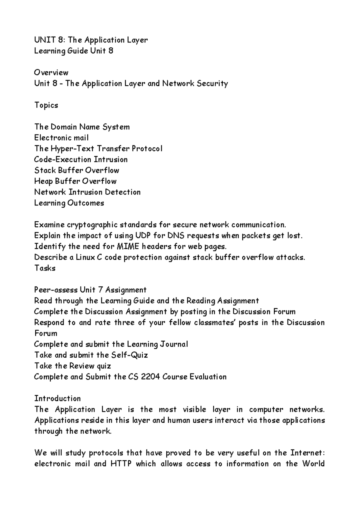 Learning guide CS2204 Unit 8 pdf - UNIT 8: The Application Layer Learning Guide Unit 8 Overview ...
