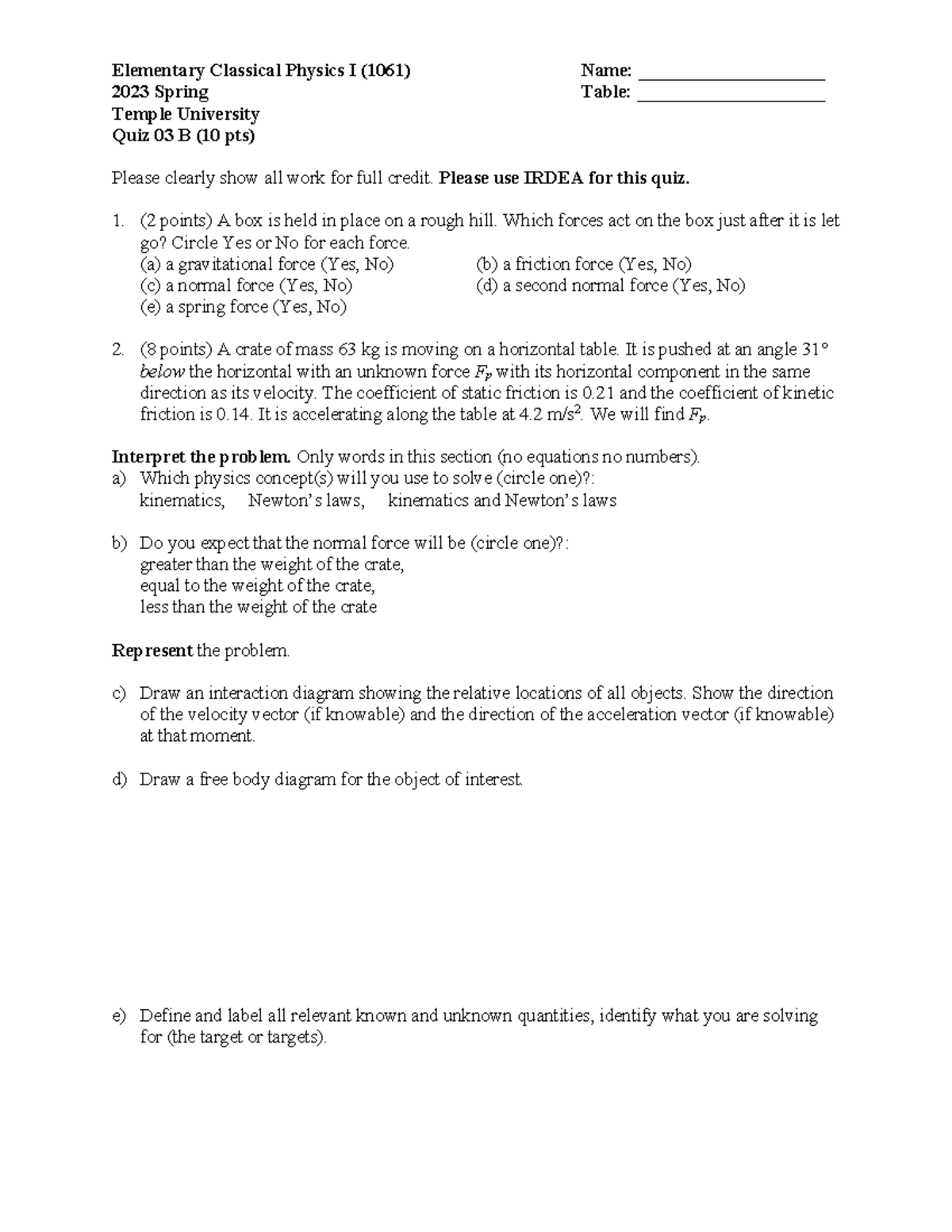 1061 23S Quiz03 B1 - Elementary Classical Physics I (1061) Name ...