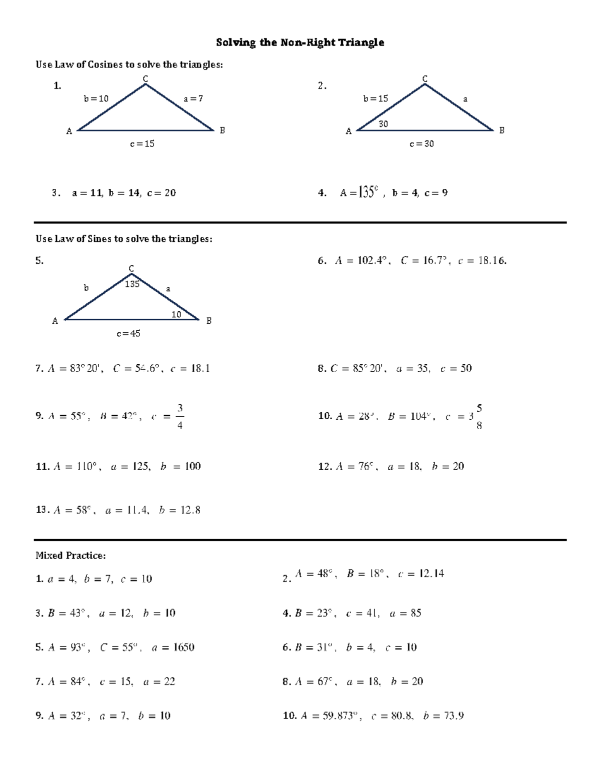 Naked Triangle Worksheet - Solving the Non-Right Triangle Use Law of ...