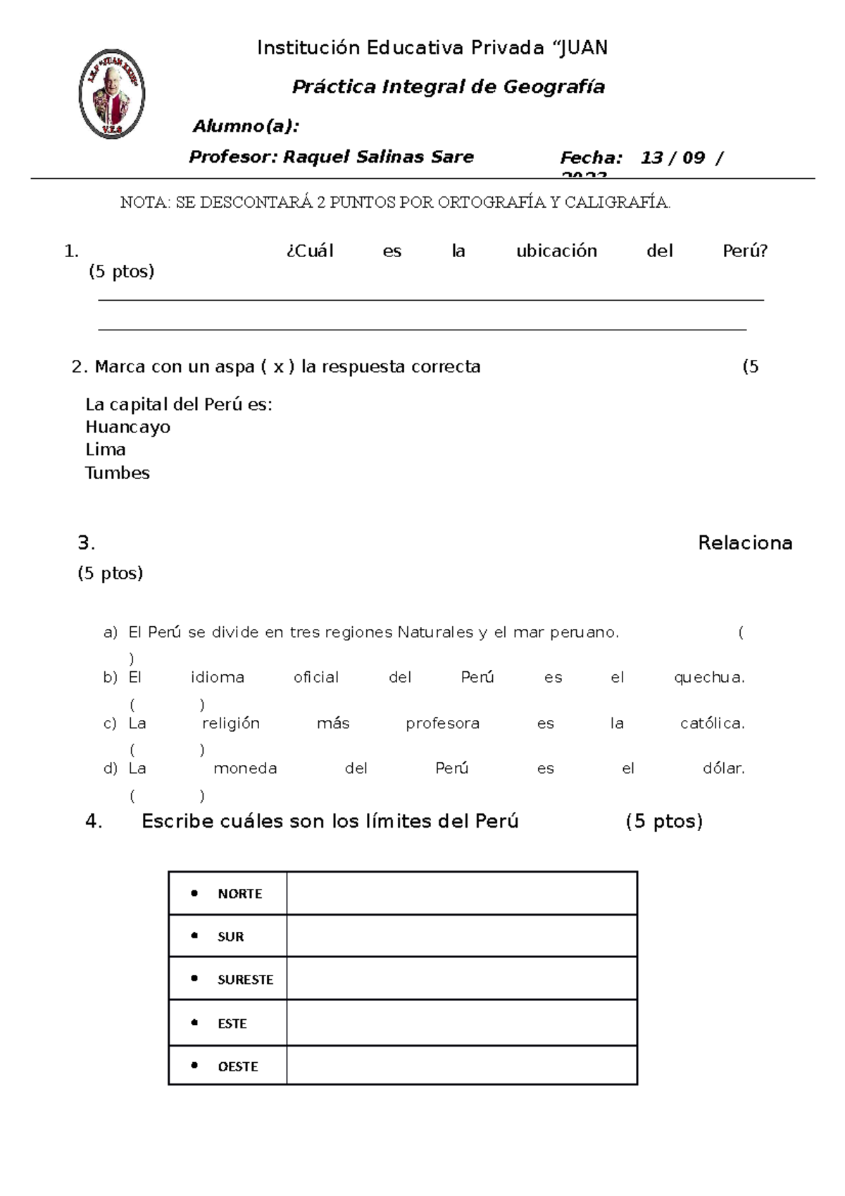 Setiembre 1- Práctica Integral-EL PERÚ - NOTA: SE DESCONTARÁ 2 PUNTOS ...