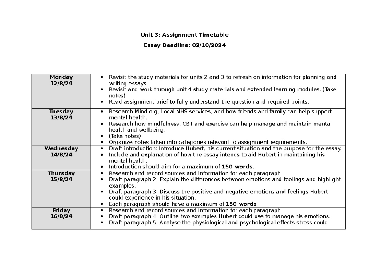 Unit 3 Assignment Timetable - Unit 3: Assignment Timetable Essay ...