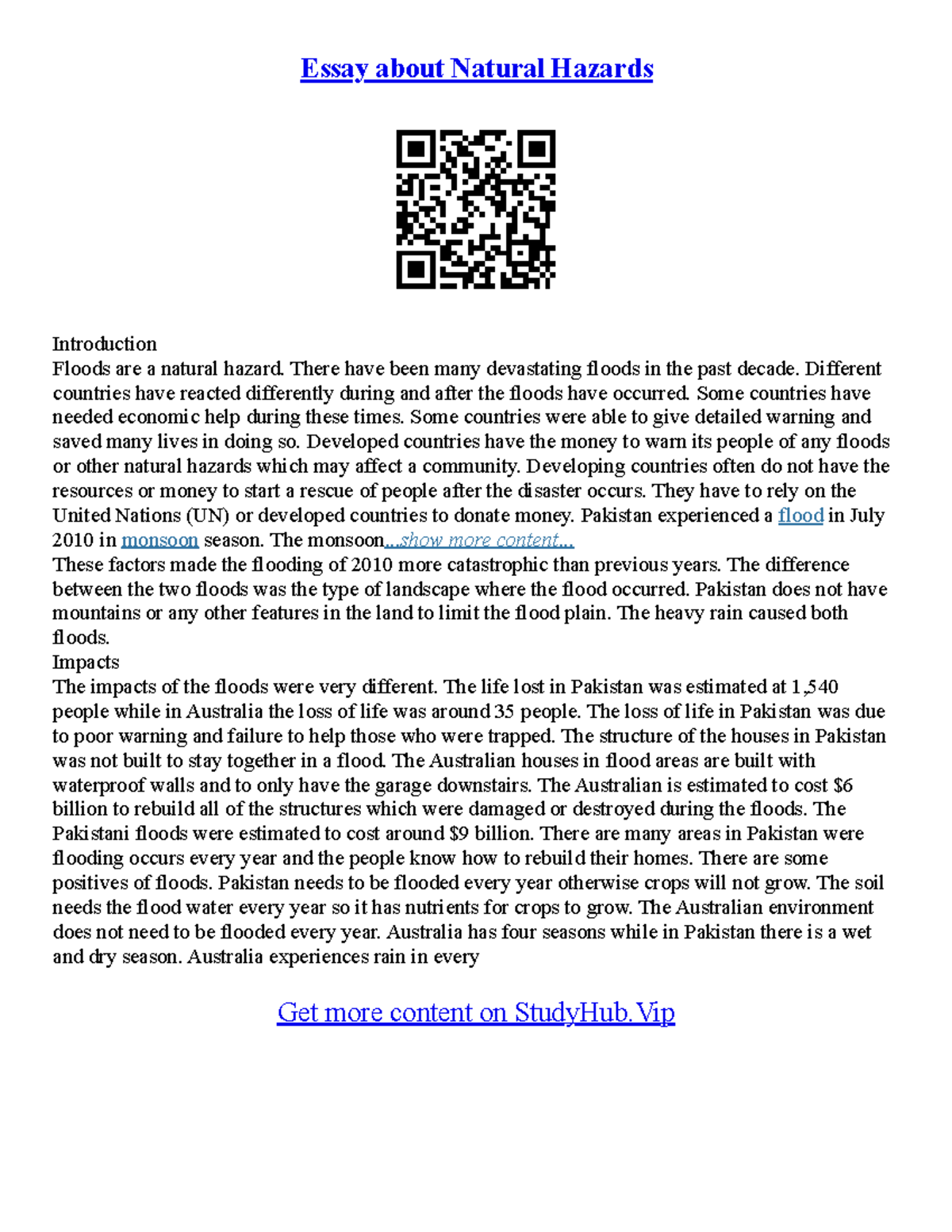 Essay On Floods In Pakistan - Essay about Natural Hazards Introduction ...