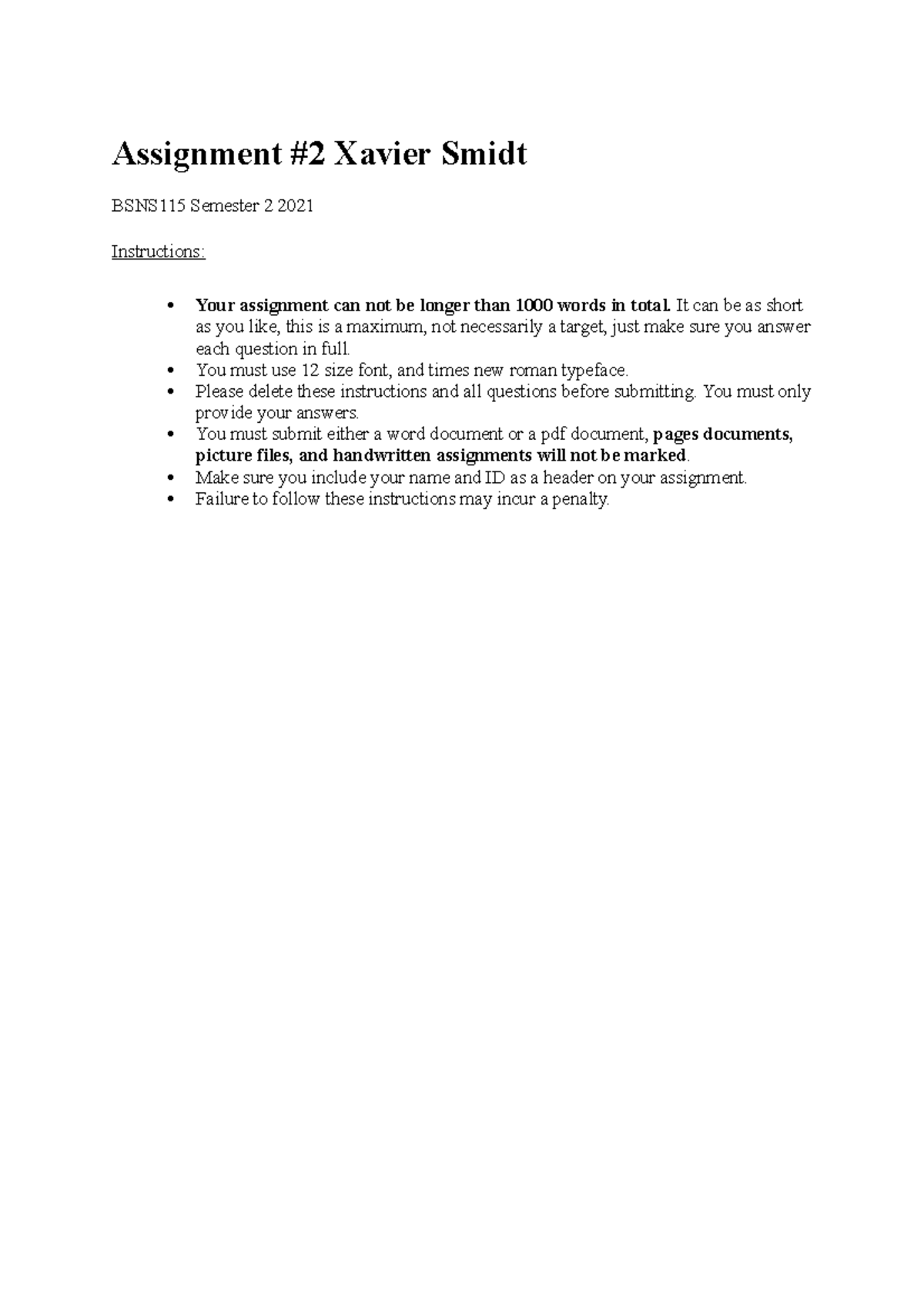 BSNS115 Assignment Two - Assignment #2 Xavier Smidt BSNS115 Semester 2 ...