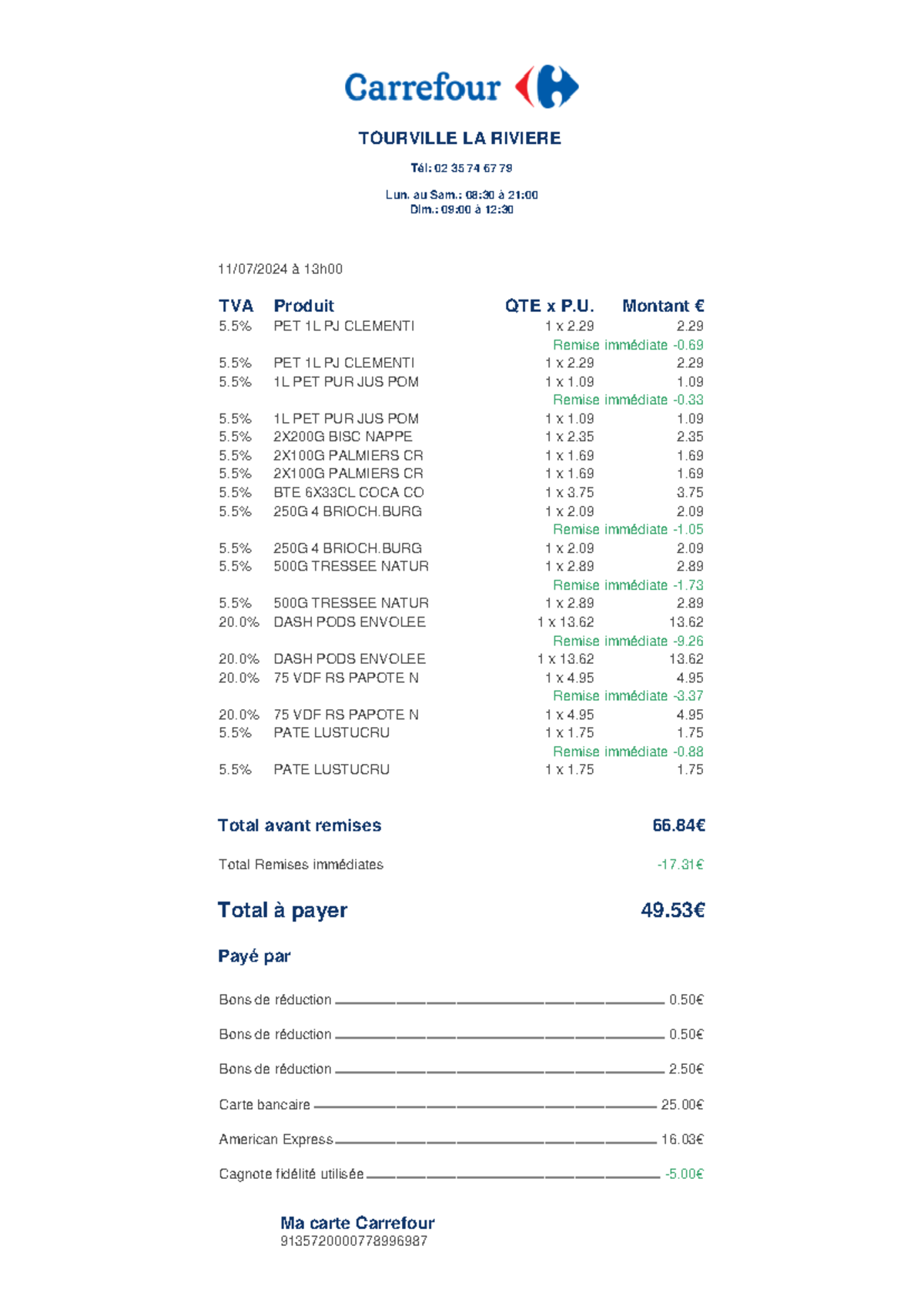 facture carrefour pour achat de courses - 49€ 66€ TOURVILLE LA RIVIERE ...