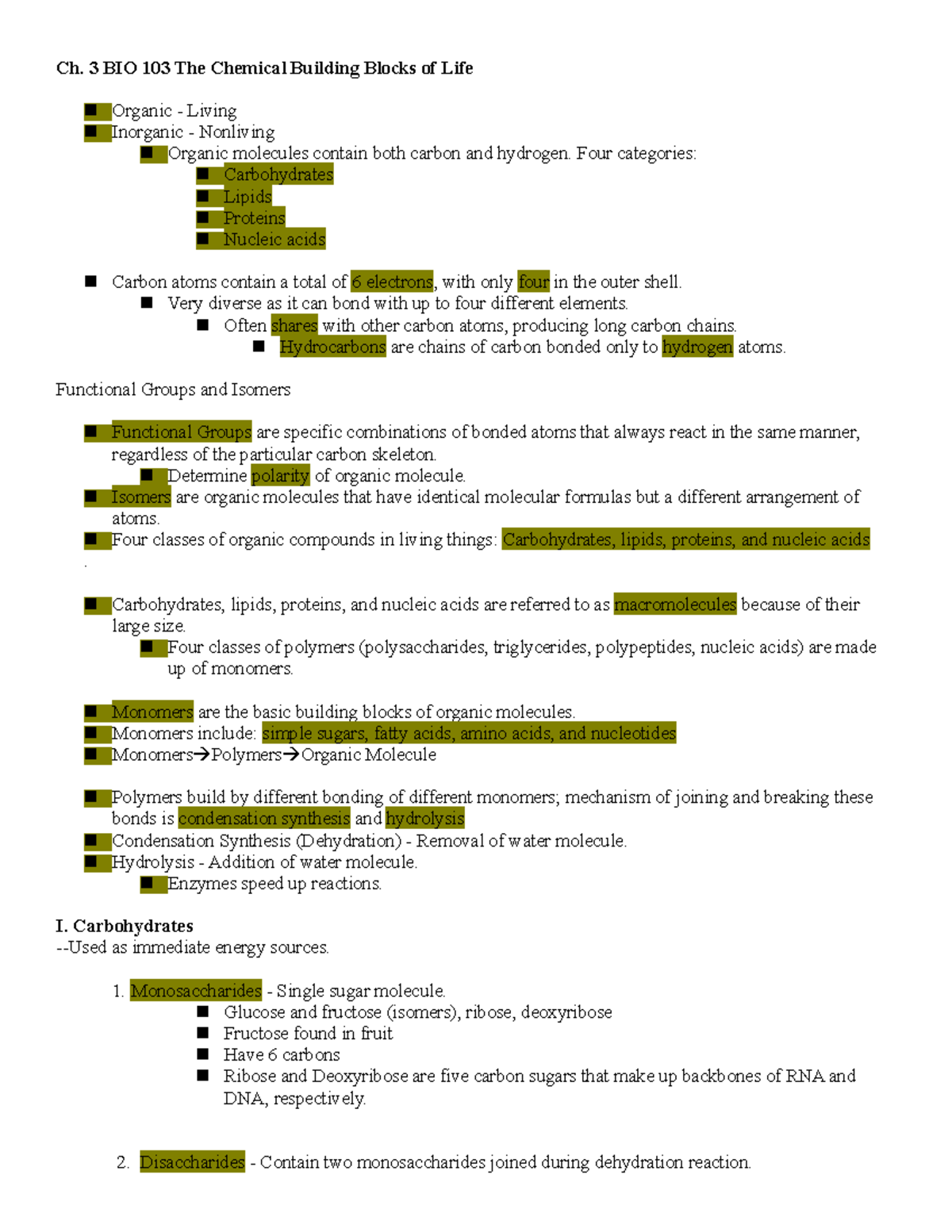 Ch 3 BIO 103 fill in notes - Ch. 3 BIO 103 The Chemical Building Blocks ...