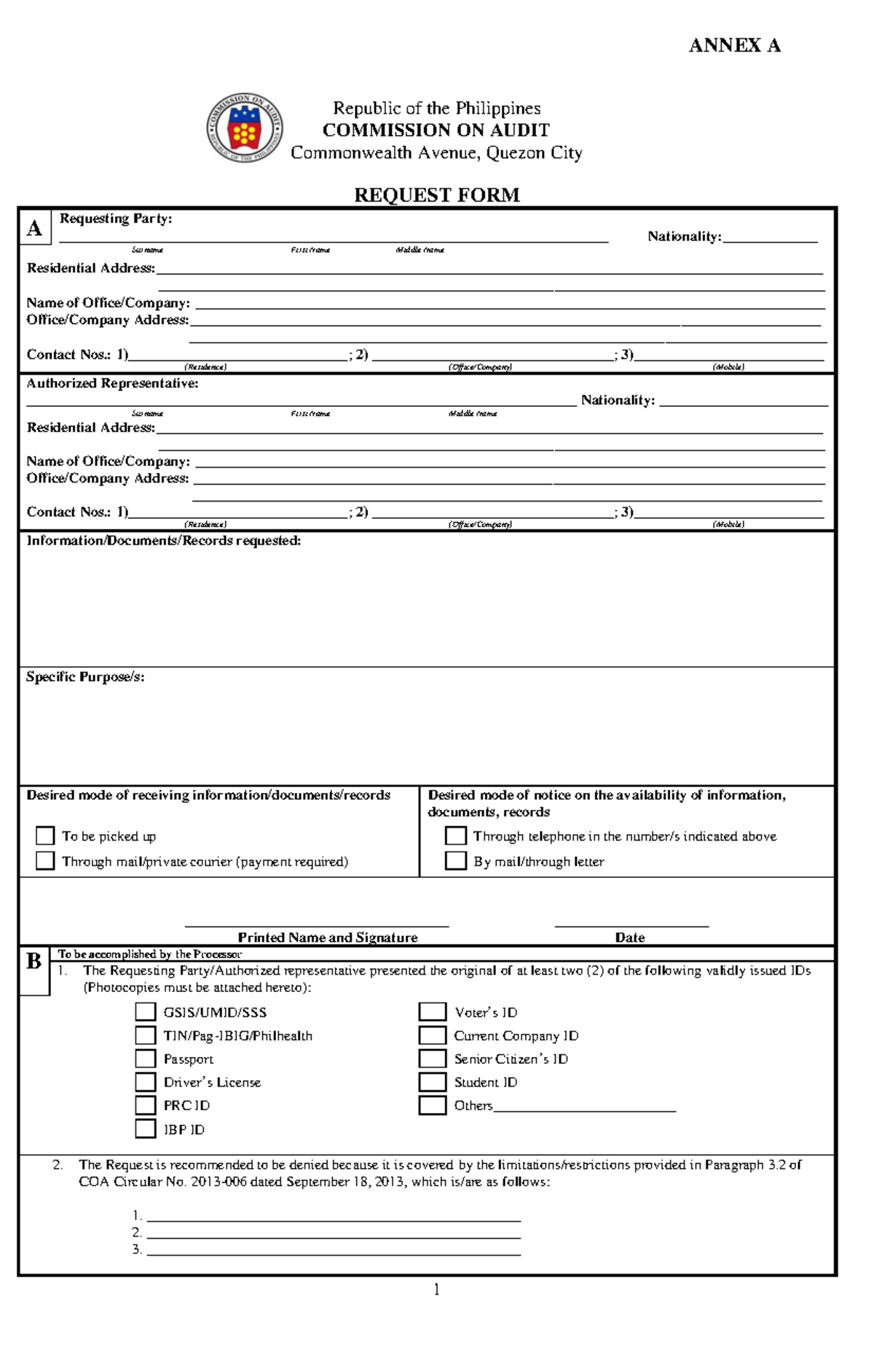 COA C2013-006 Annex A Request Form - 1 ANNEX A Republic of the Philippines COMMISSION ON AUDIT ...