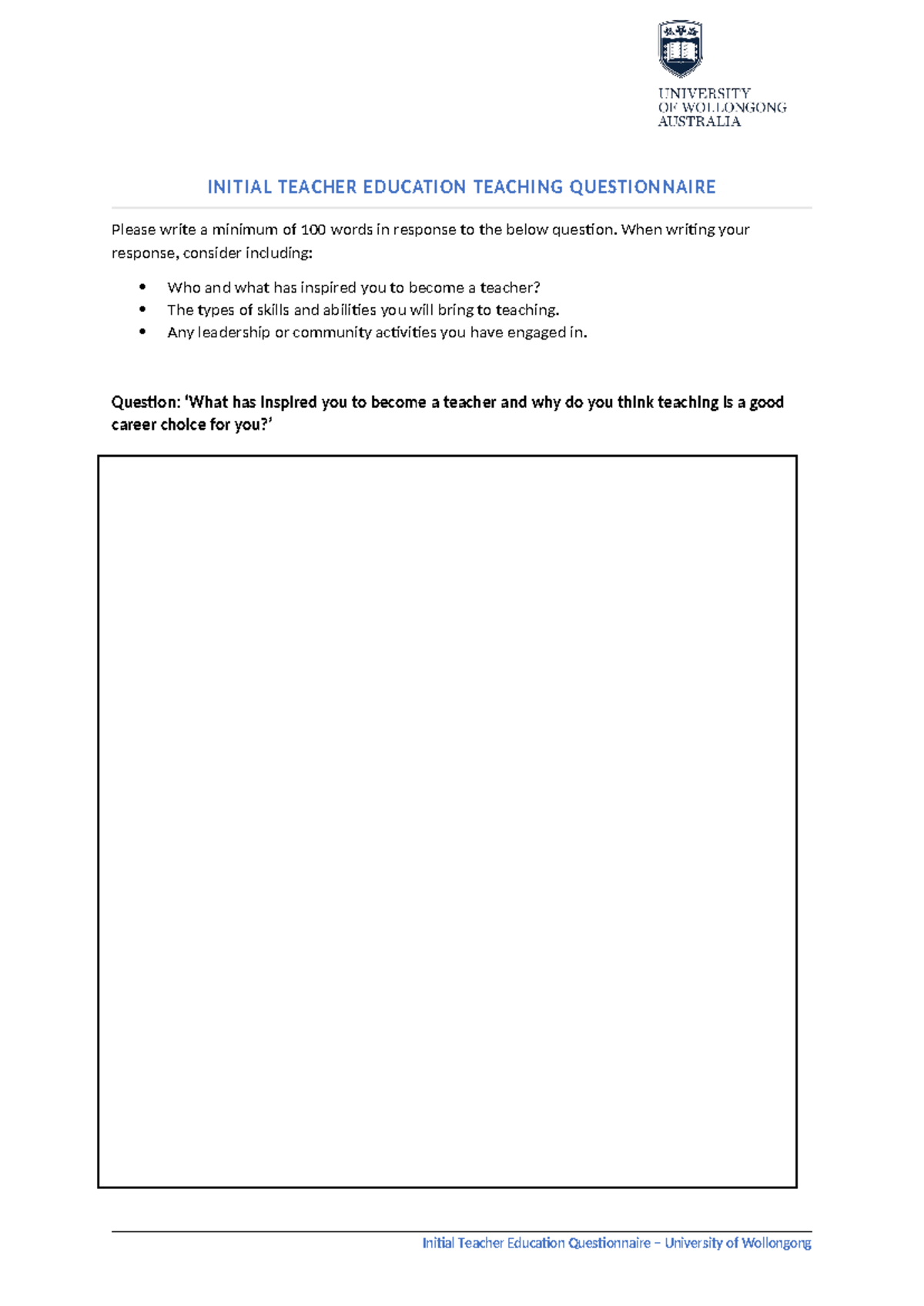 Initial Teacher Education Teaching Questionnaire - INITIAL TEACHER ...