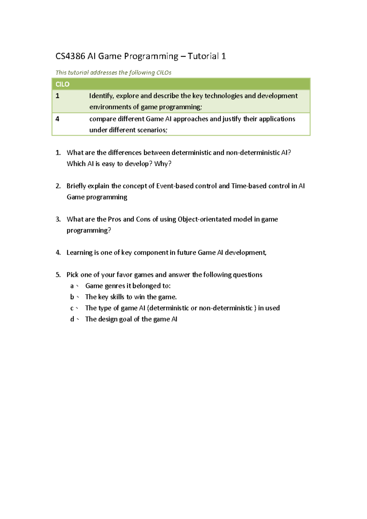 Tut1 - Tut1 - CS4386 AI Game Programming – Tutorial 1 This tutorial addresses the following ...