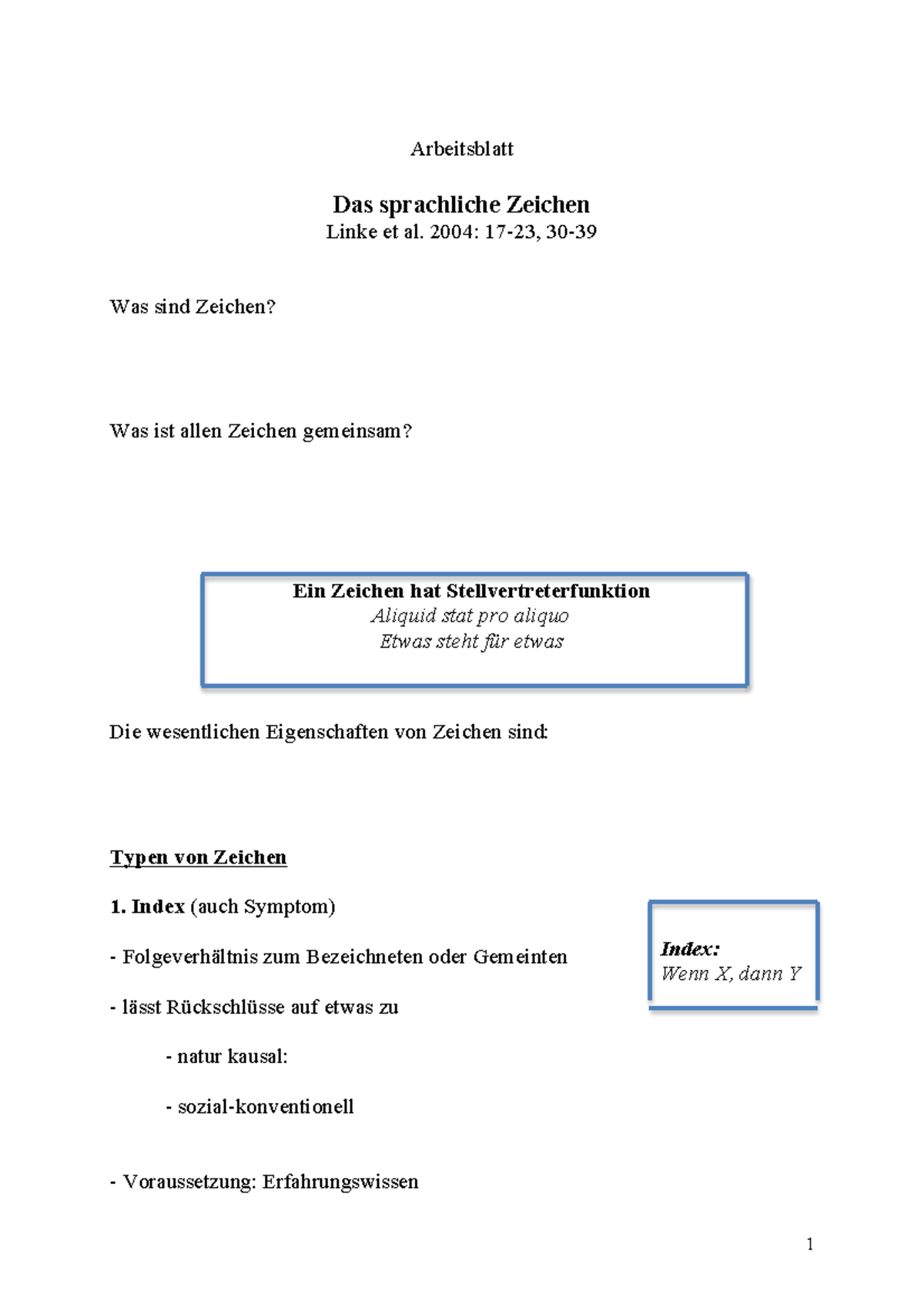 Arbeitsblatt Semiotik - Arbeitsblatt Das sprachliche Zeichen Linke et ...