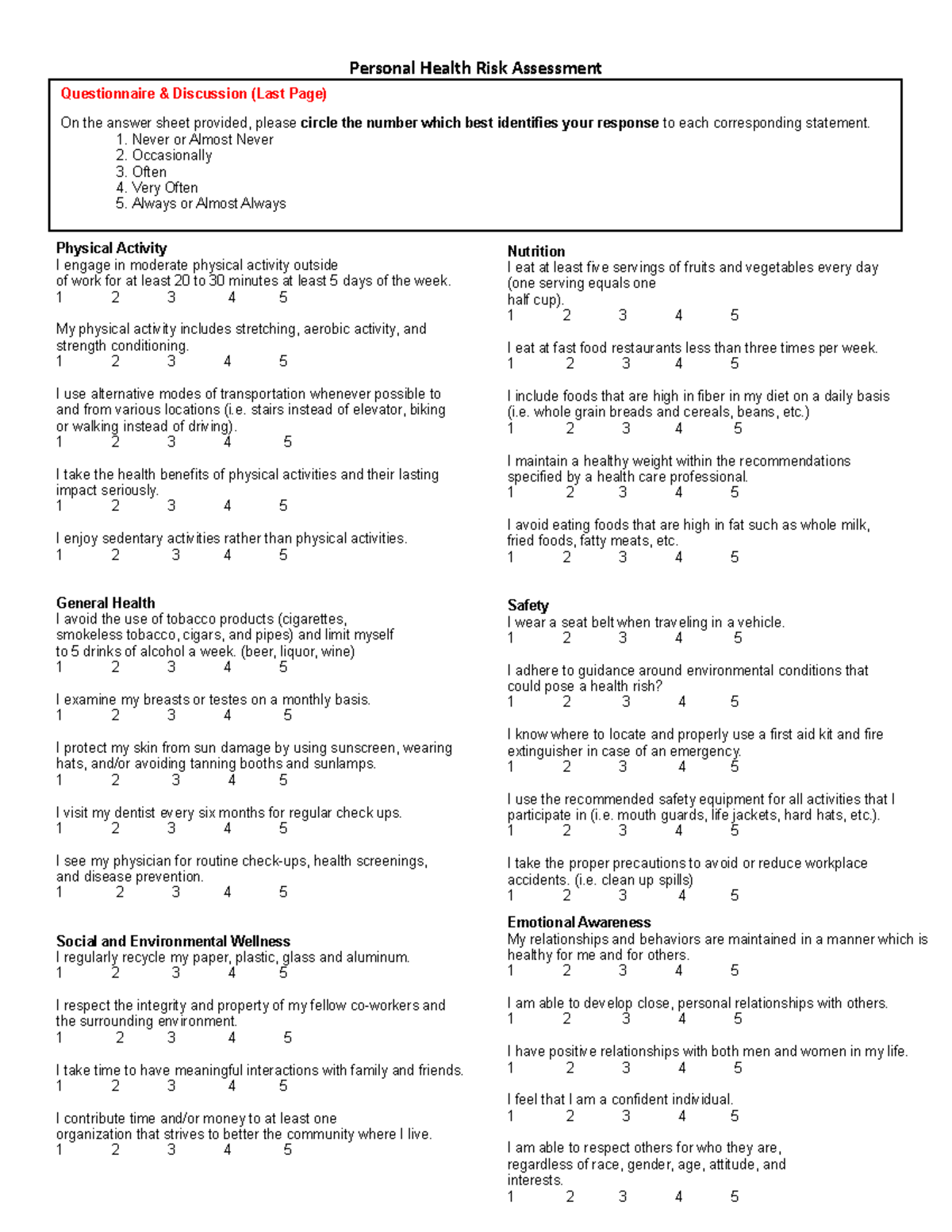 Personal Health Risk Profile- HLTH 210 - Personal Health Risk ...