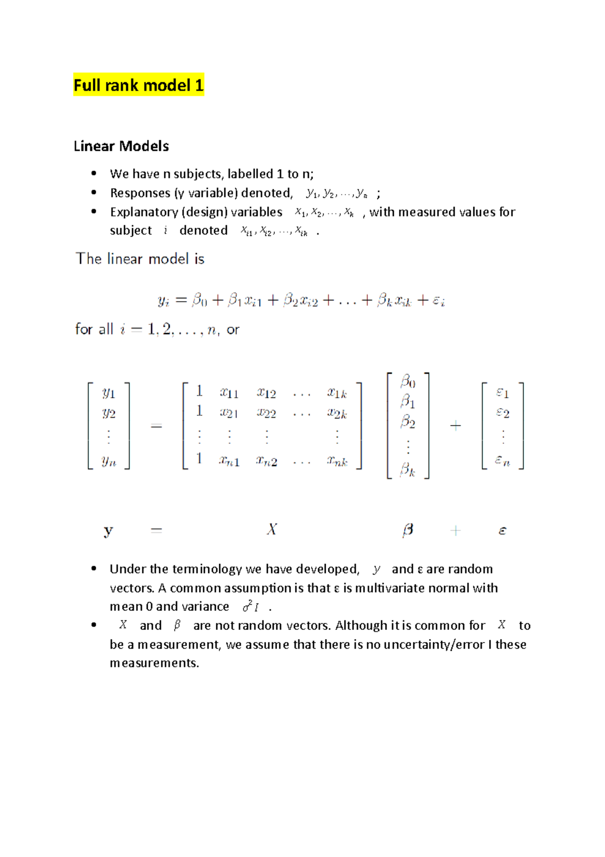 Lecture 7 - Full rank model 1 Linear Models We have n subjects ...