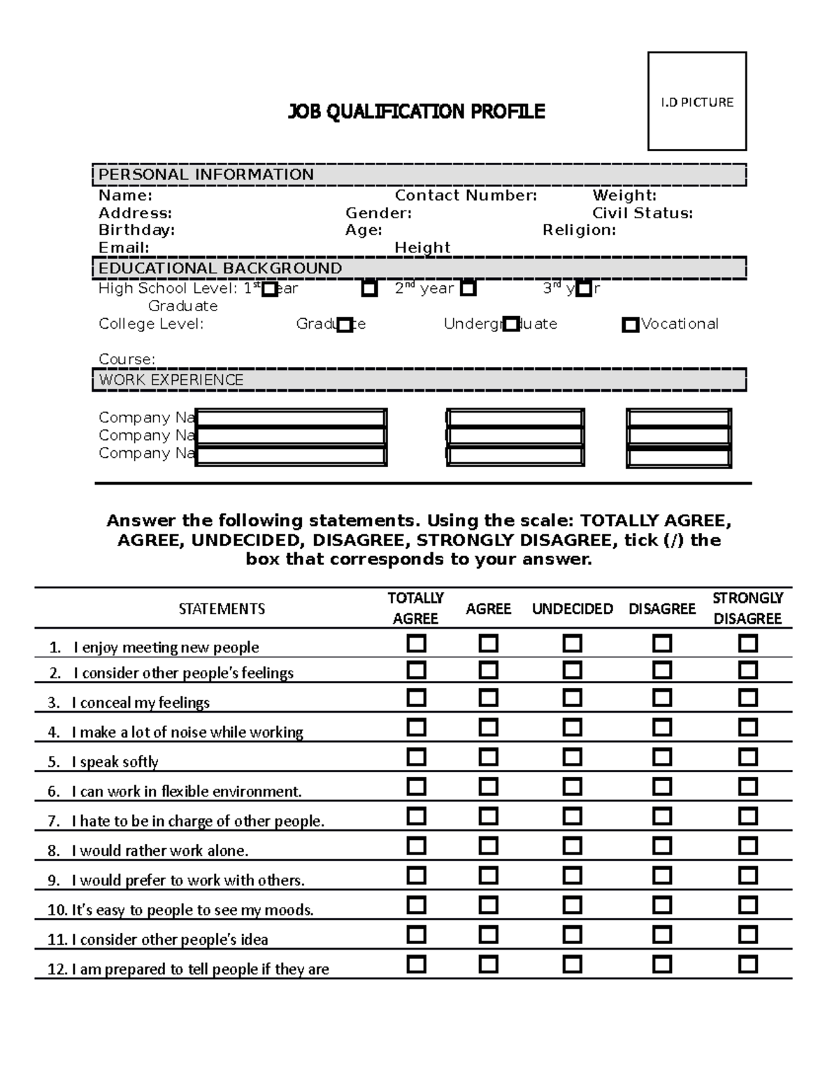 JOB Qualification Profile - JOB QUALIFICATION PROFILE PERSONAL ...