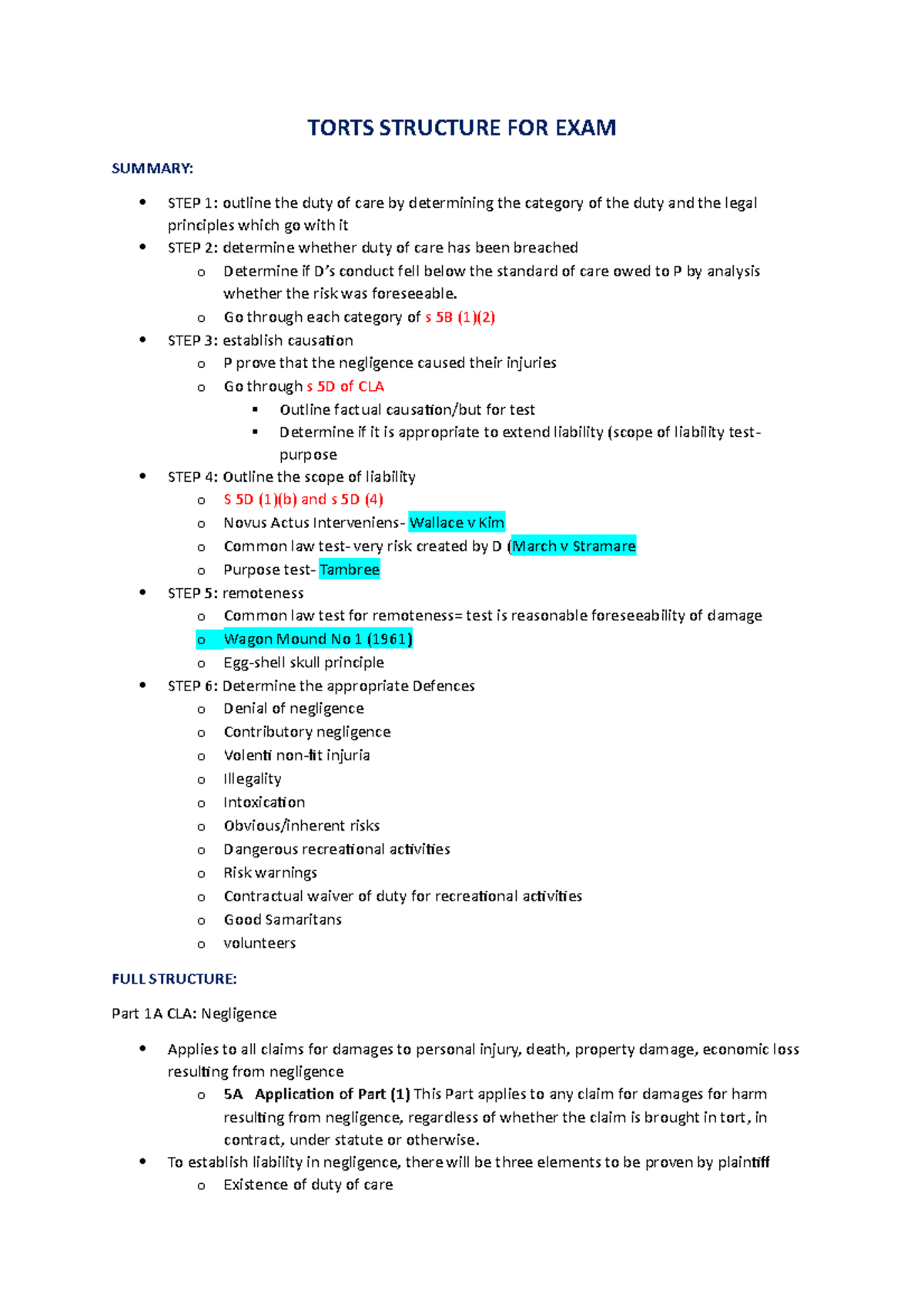 Torts Structure FOR EXAM - TORTS STRUCTURE FOR EXAM SUMMARY: STEP 1 ...