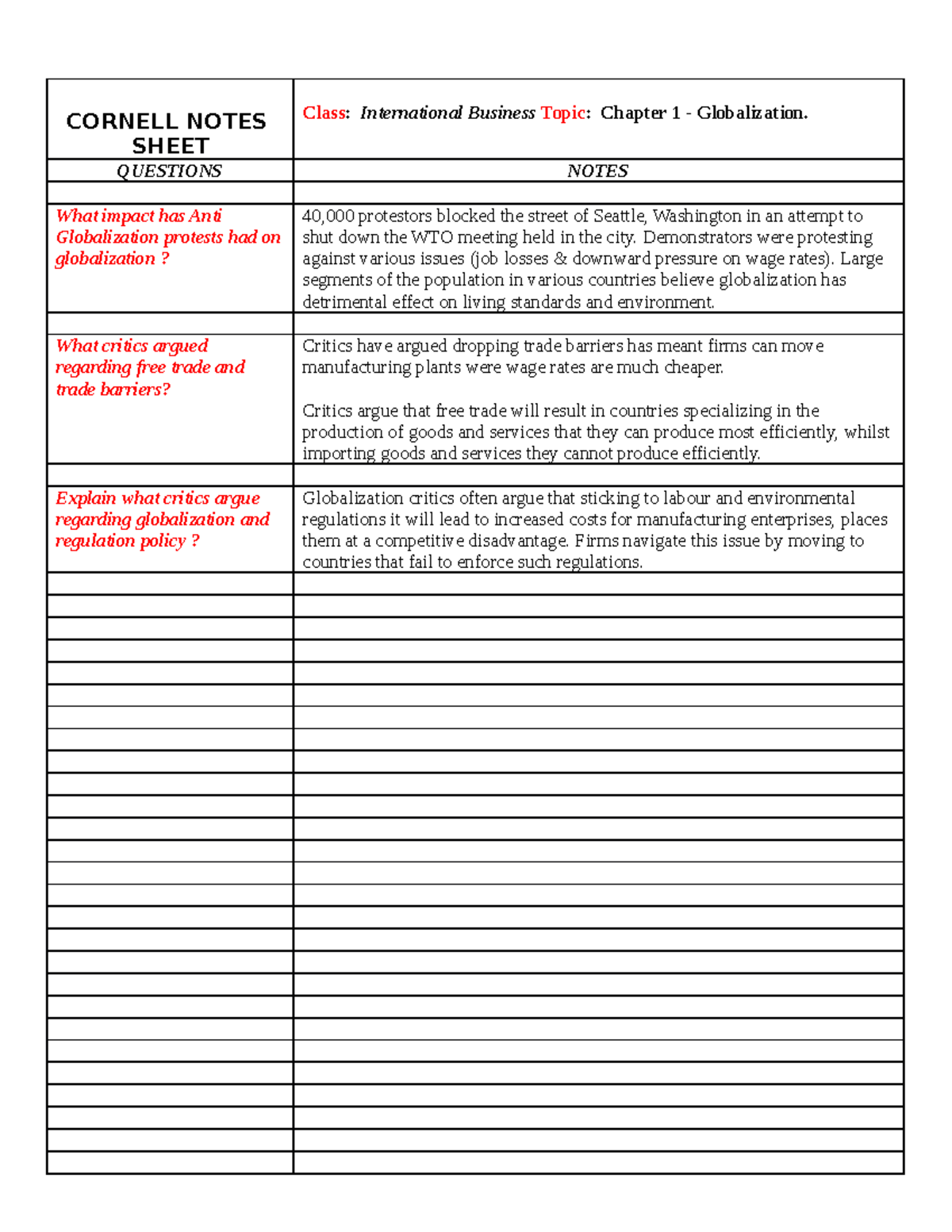 Chapter 1 - Globalization - CORNELL NOTES SHEET Class: International ...