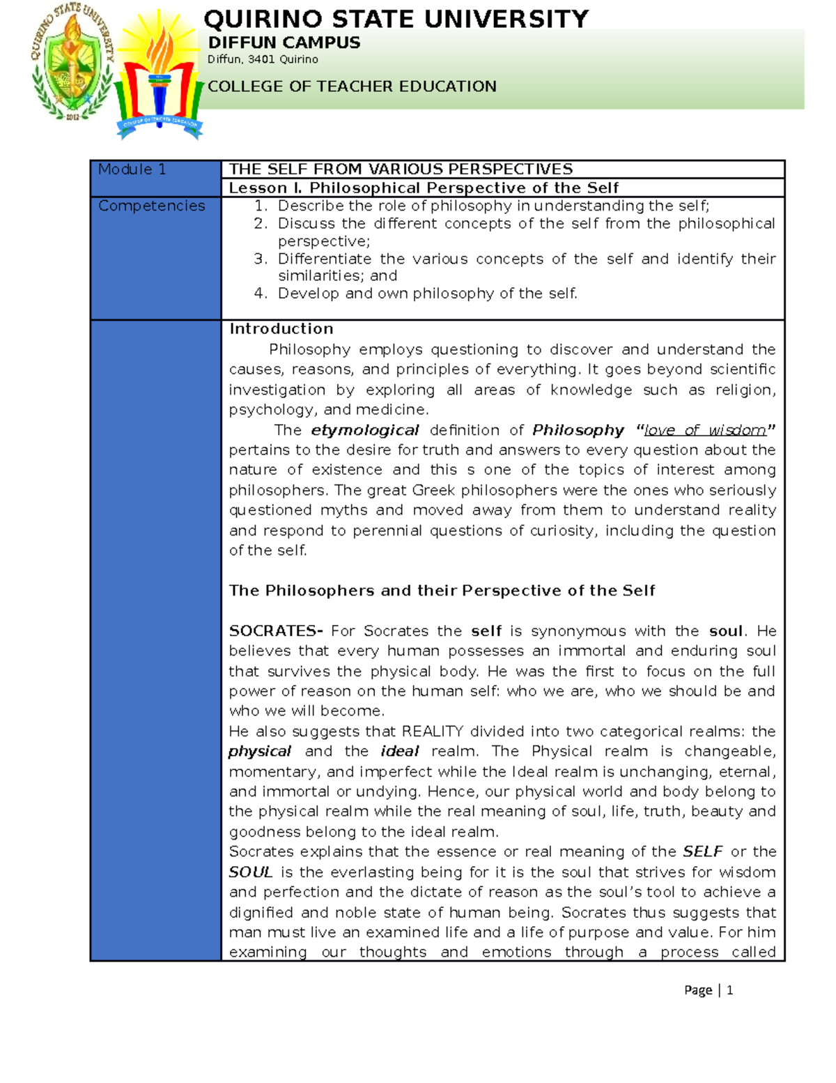 UTS M1L1 - understanding the self is a general education subject that tackles mostly the ...