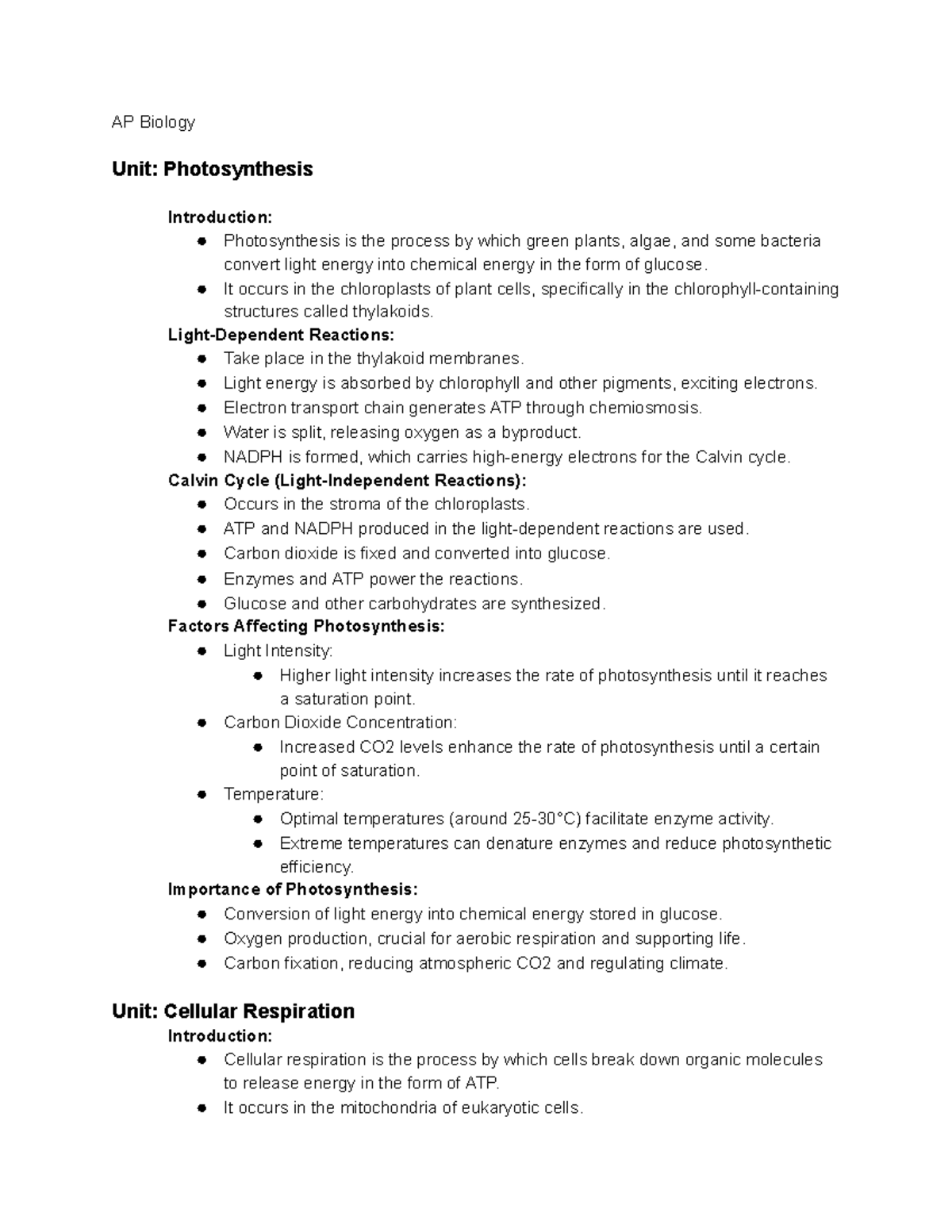 AP Biology Photosynthesis and Cellular Respiration - AP Biology Unit ...