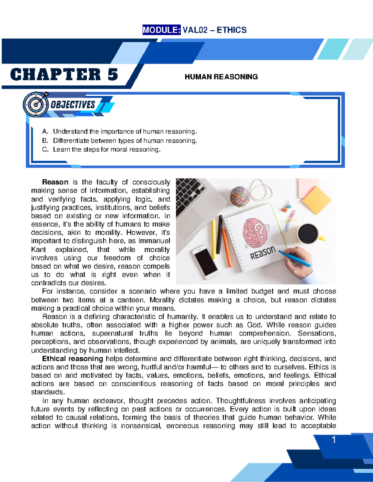 Chapter 5 - OLVAL002 - HUMAN REASONING A. Understand the importance of ...