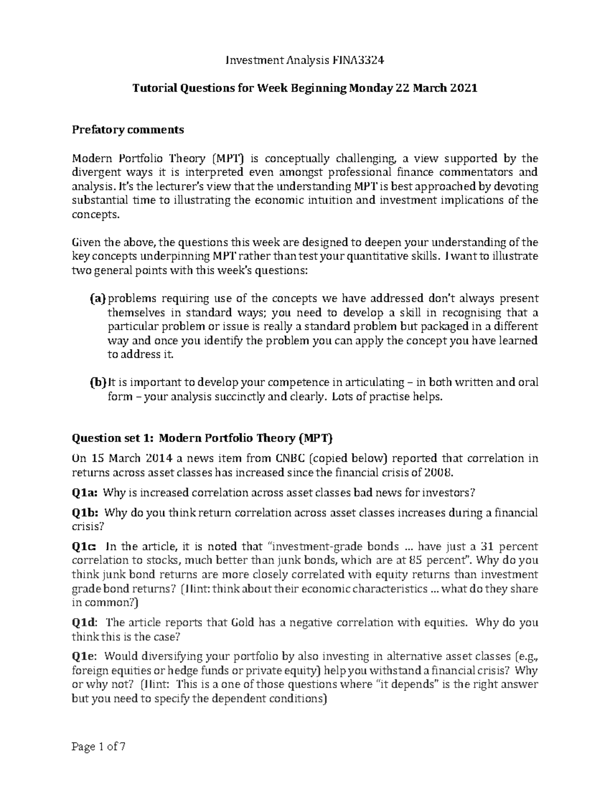 Wk4 Tutorial Questions - Investment Analysis FINA3324 **Tutorial Questions for Week Beginning ...