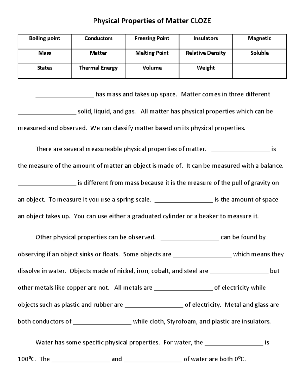 Physical Propertiesof Matter Cloze-1 - Physical Properties of Matter ...