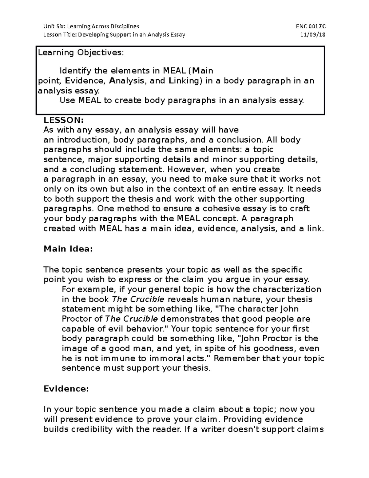 Developing Support in an Analysis Essay - Use MEAL to create body ...