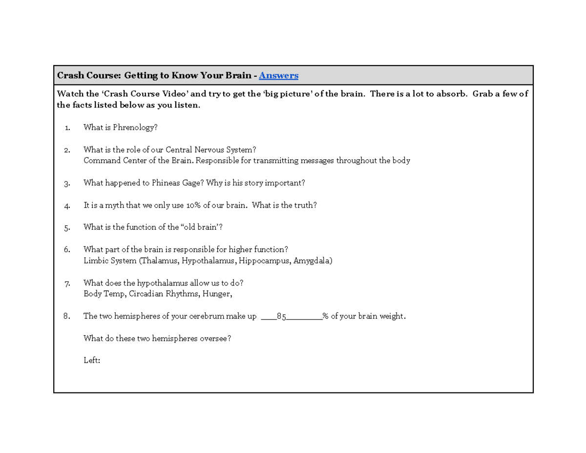 B. A Understanding the Brain - Answers (Mac) - Crash Course: Getting to ...