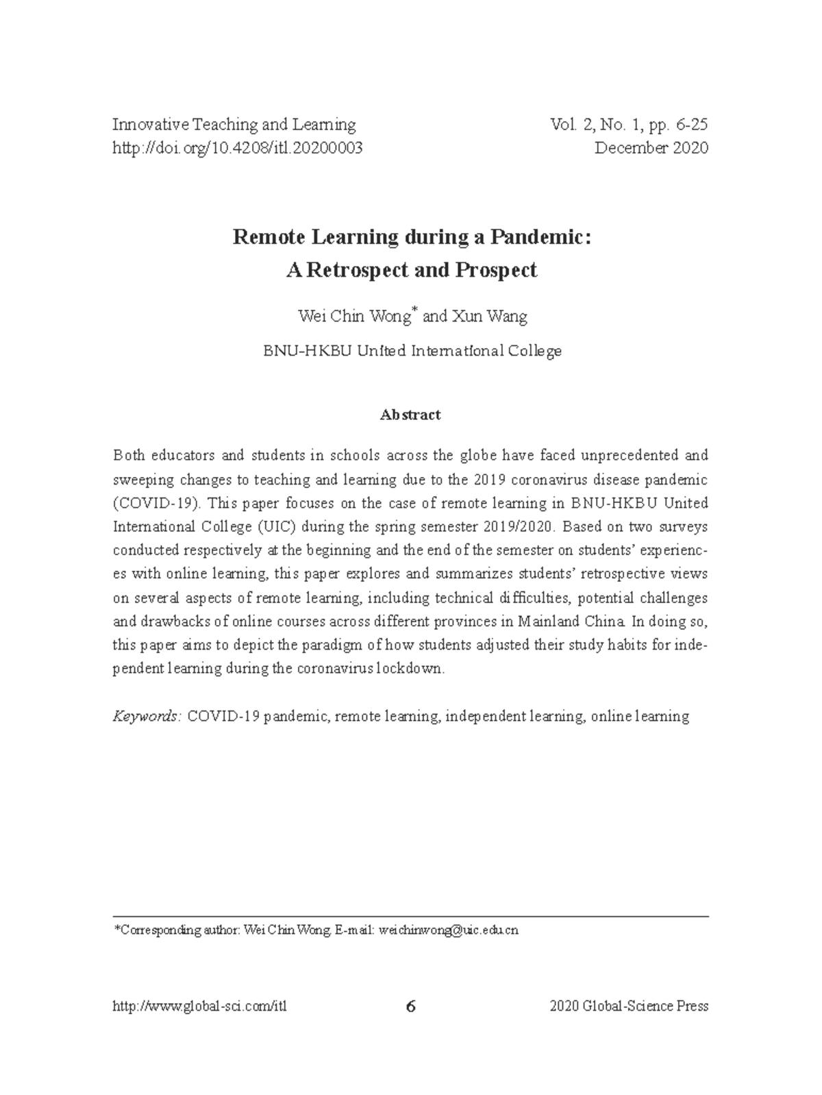 final paper requirements - global-sci/itl 6 2020 Global-Science Press ...