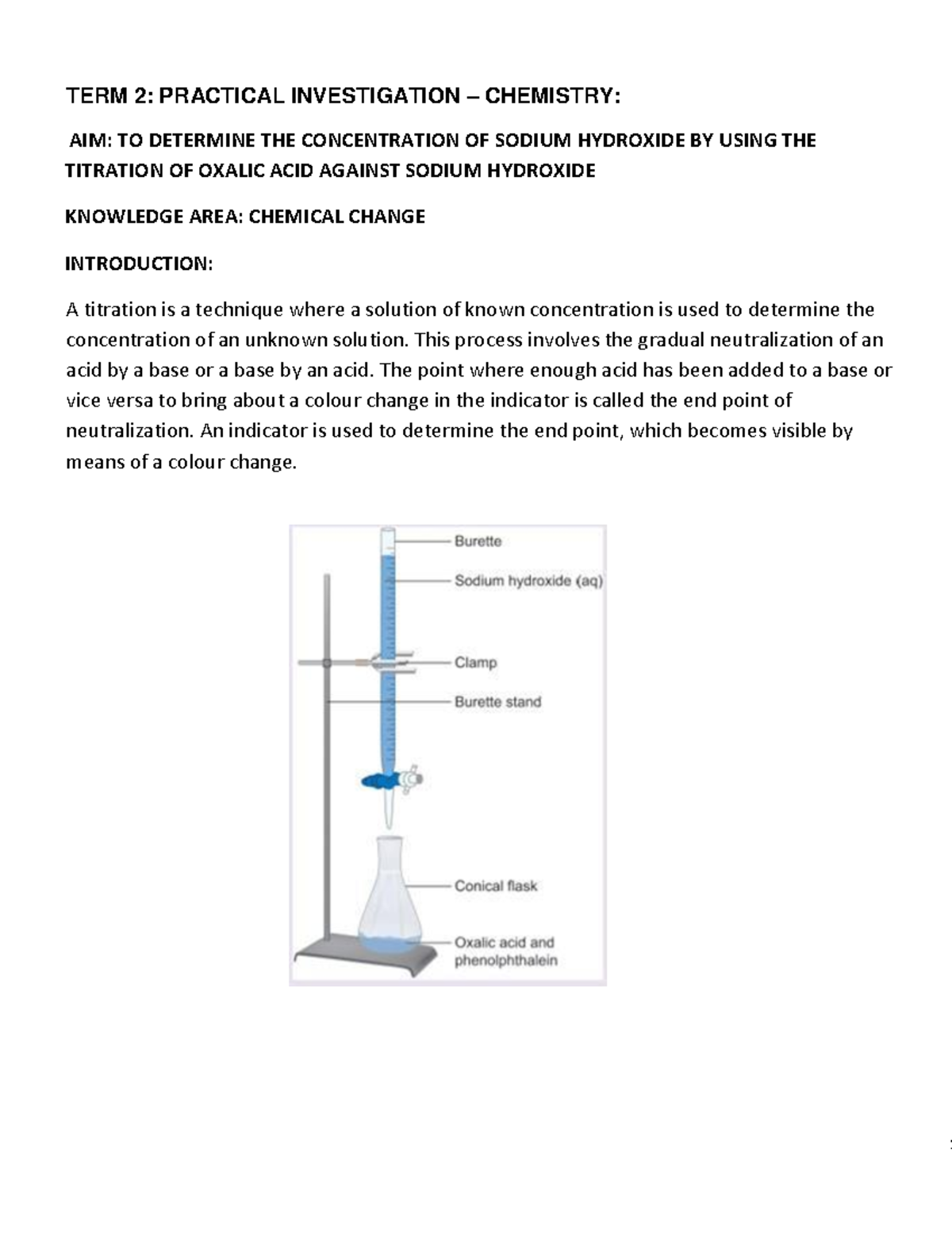 Titration Experiment - TERM 2: PRACTICAL INVESTIGATION – CHEMISTRY: AIM ...