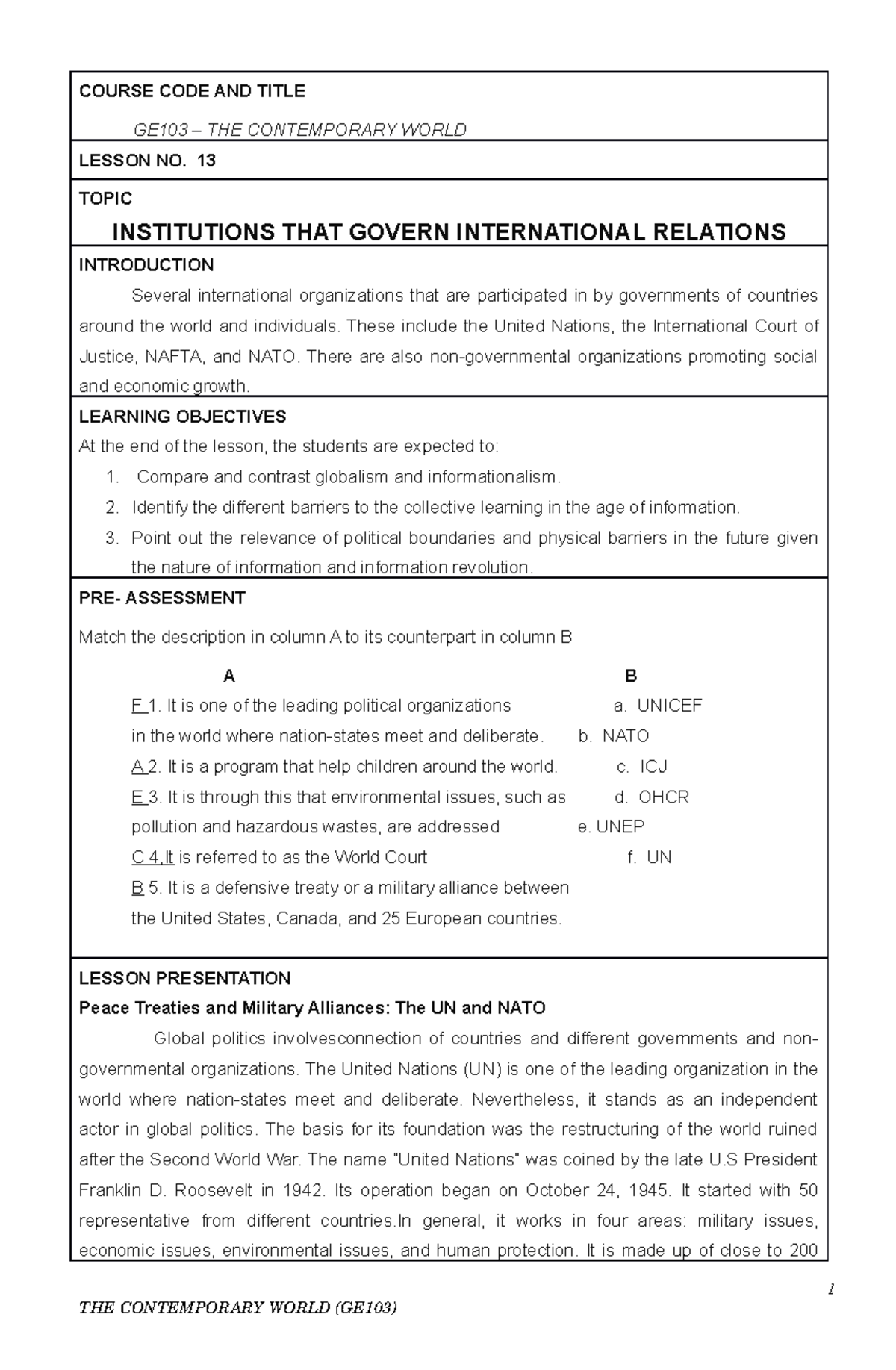 The Contemporary World Week 13 Module - COURSE CODE AND TITLE GE103 ...