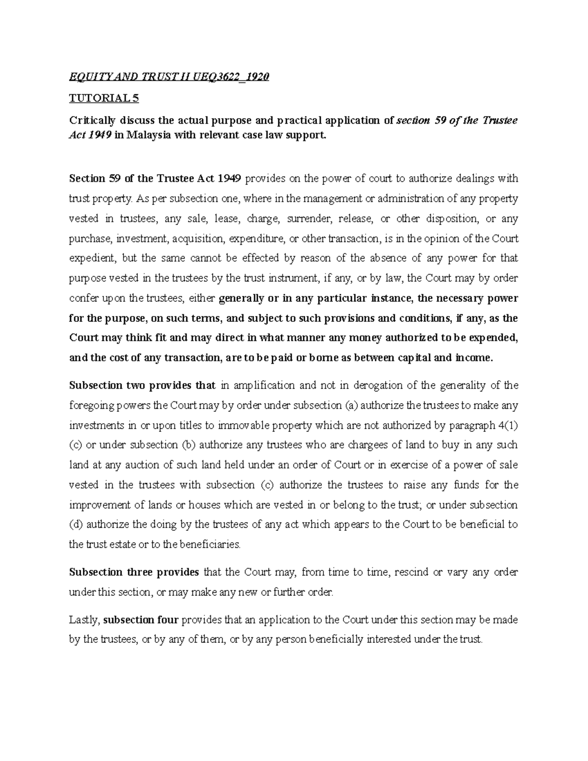 Application of Section 59 - EQUITY AND TRUST II UEQ3622_ TUTORIAL 5 ...