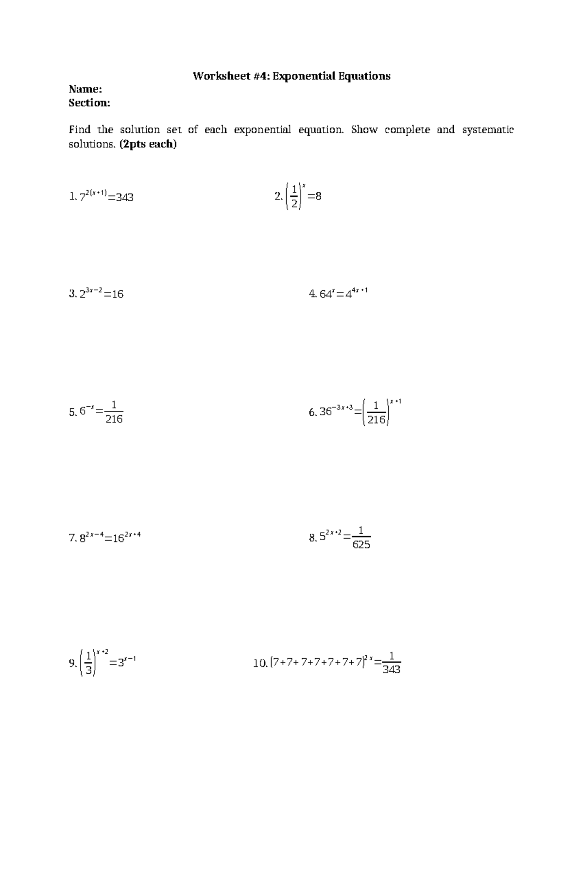 Worksheet No.4 Exponential Equations 2nd q - Worksheet #4: Exponential ...