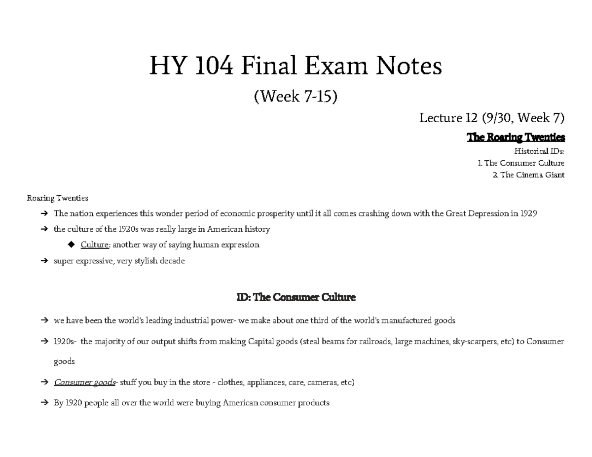 Copy of HY 104 Final Exam Notes - HY 104 Final Exam Notes (Week 7-15 ...