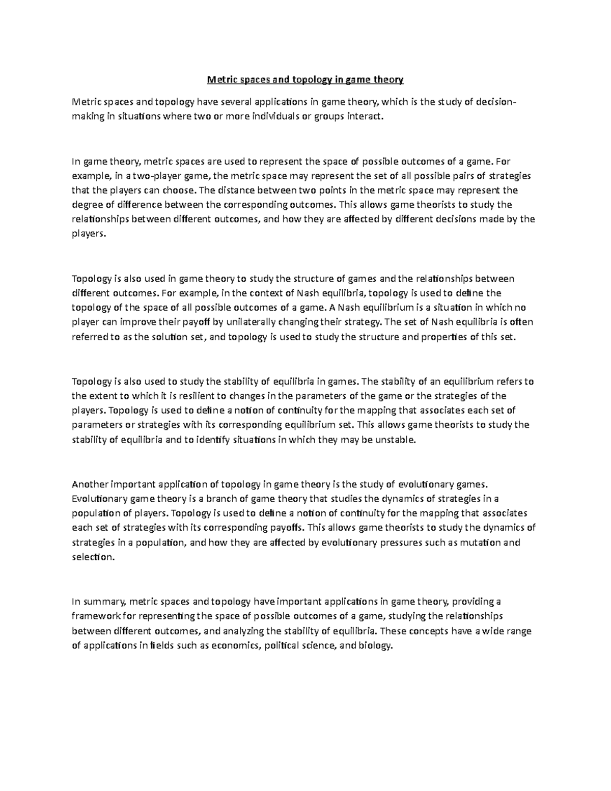 Metric spaces and topology in game theory - In game theory, metric ...