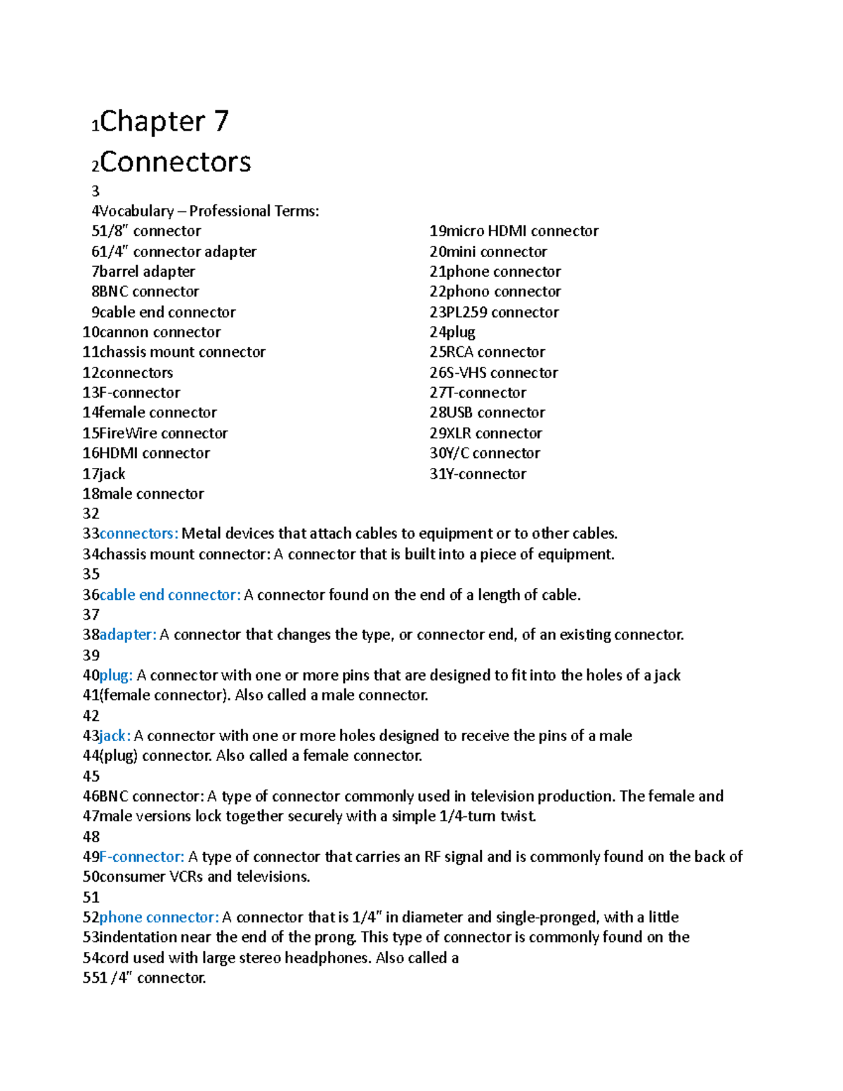 Chapter 7 Connectors - nvm - Chapter 7 Connectors Vocabulary – Professional Terms: 1/8" - Studocu