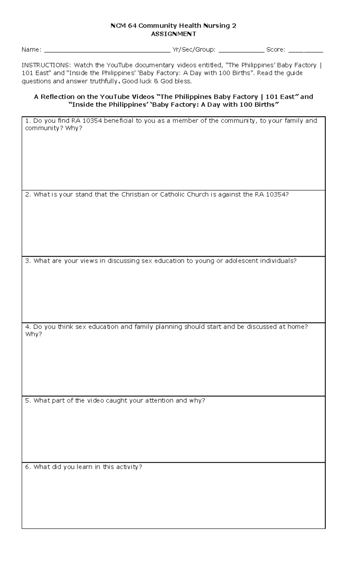 Reproductive Health Reflection Paper - NCM 64 Community Health Nursing ...