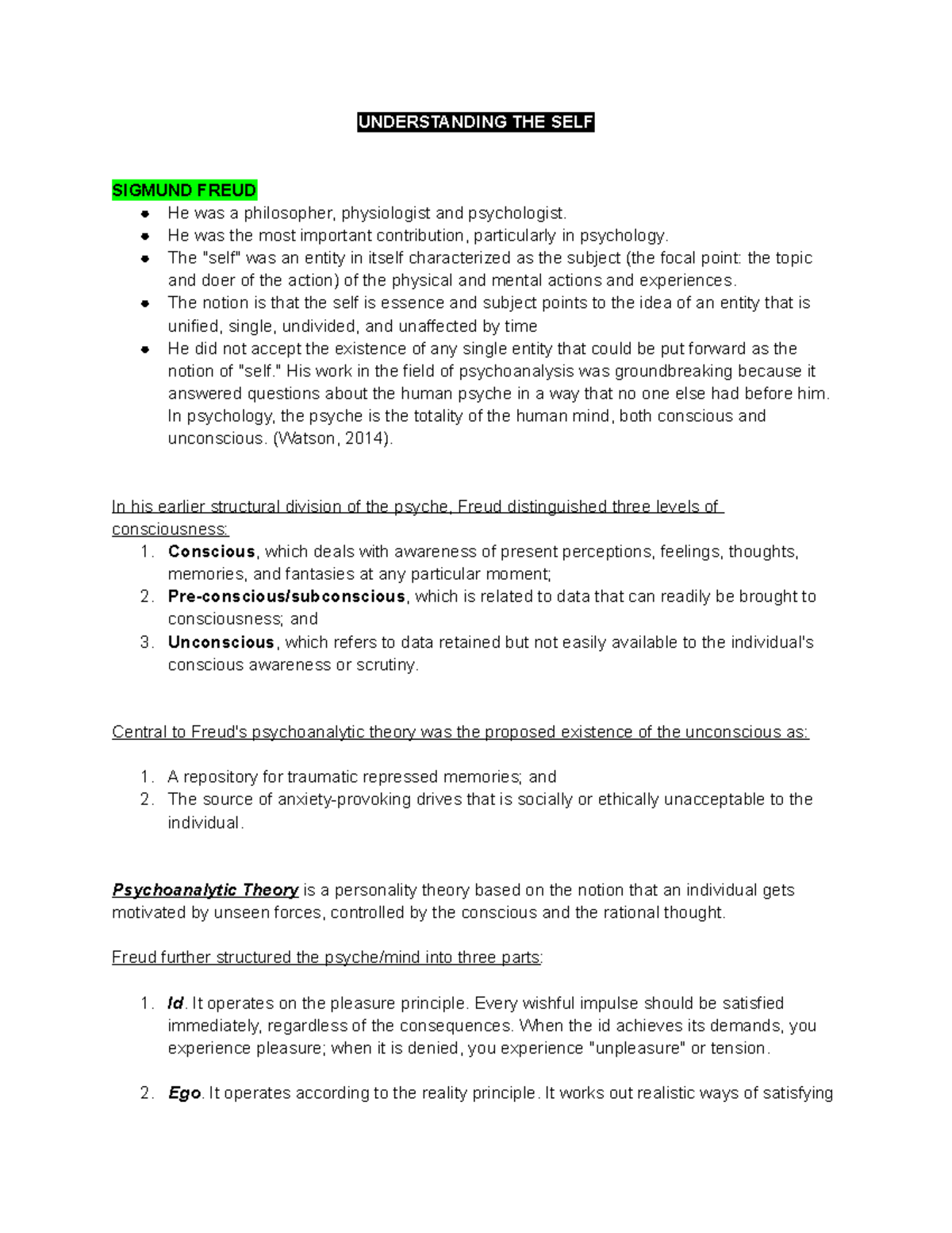 Understanding THE SELF Hand out 4 - UNDERSTANDING THE SELF SIGMUND ...