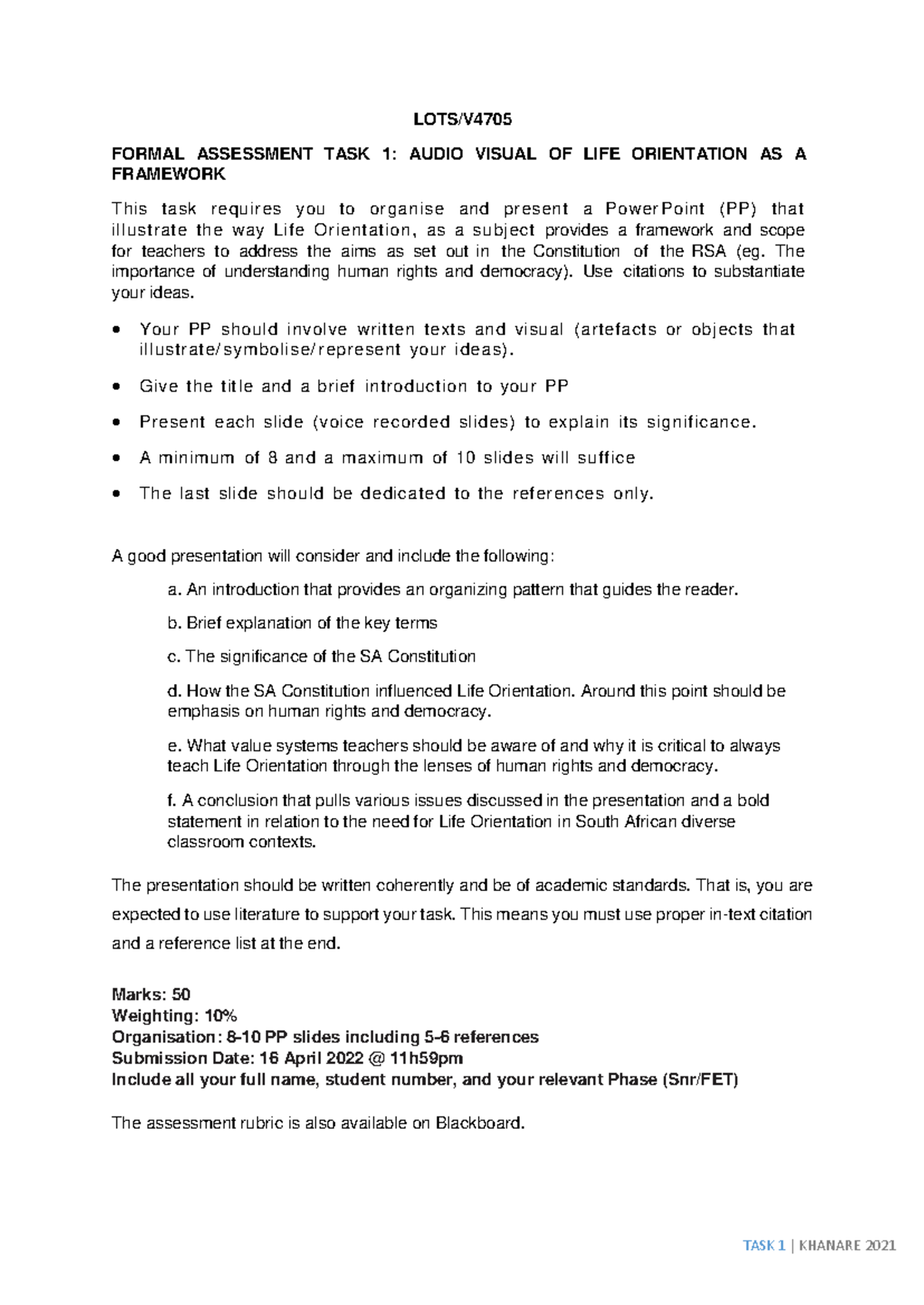 Task 1 Instructions Formal Assessment April 2022 - LOTS/V FORMAL ...