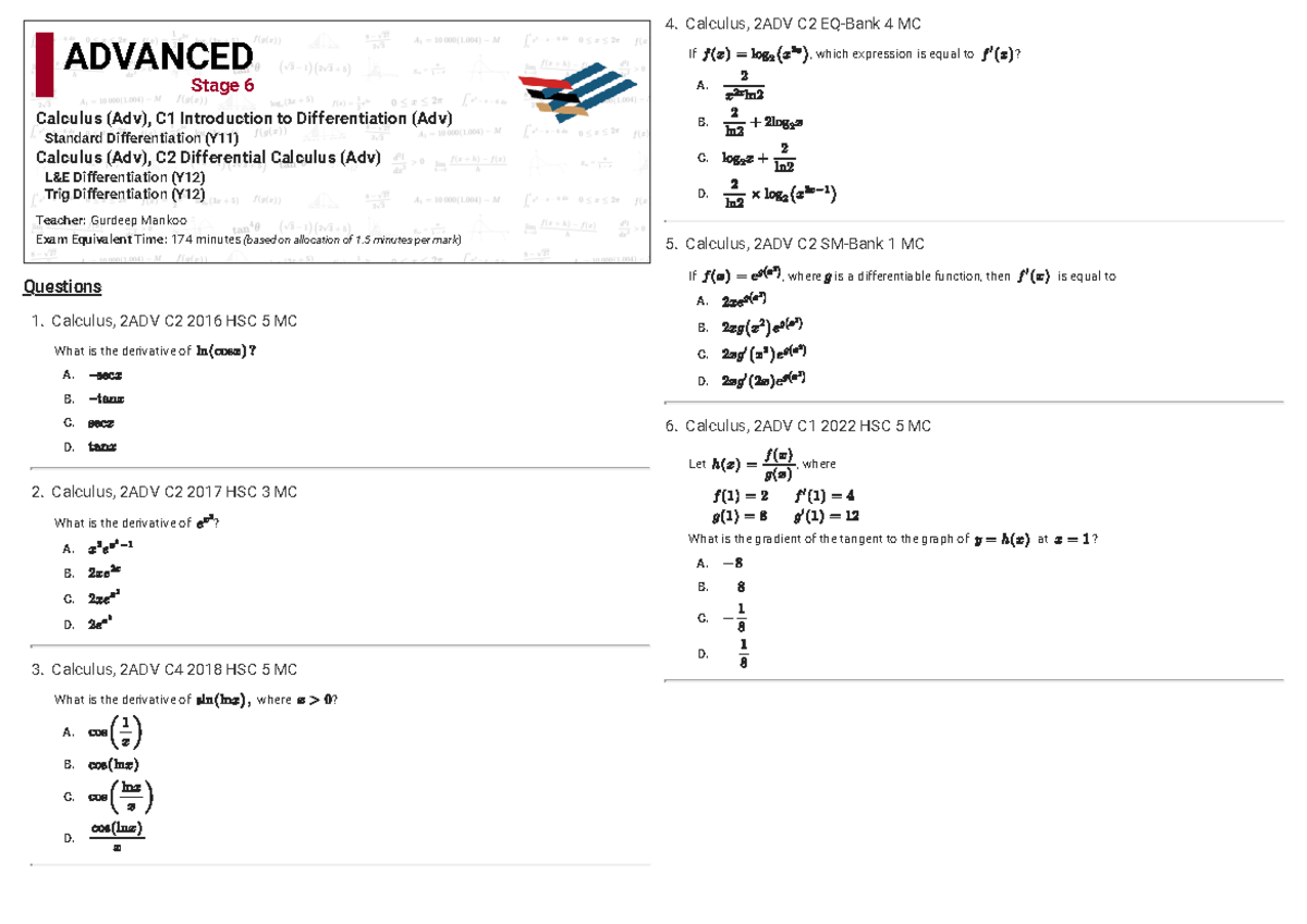 Yr 12 Adv Calculus Differentiation - 1. Calculus, 2ADV C2 2016 HSC 5 MC ...