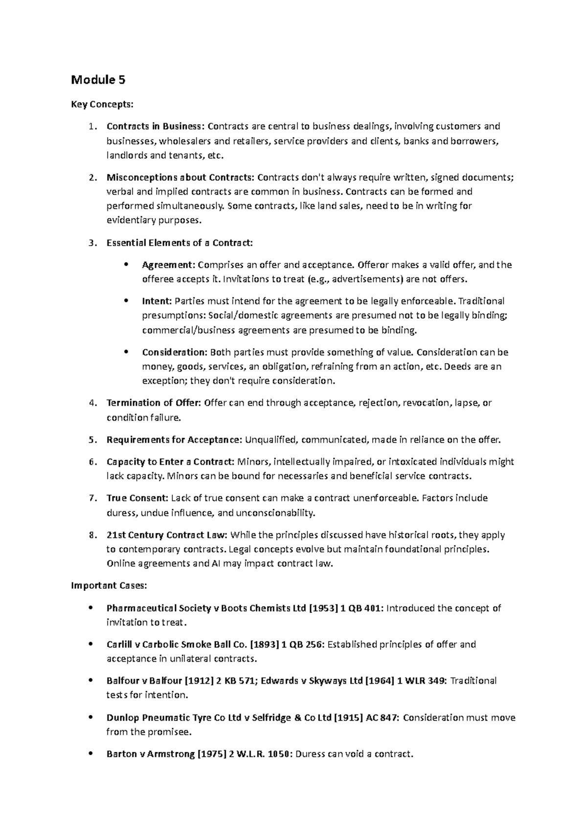 BSB151 Exam Notes - Module 5 Key Concepts: 1. Contracts in Business ...