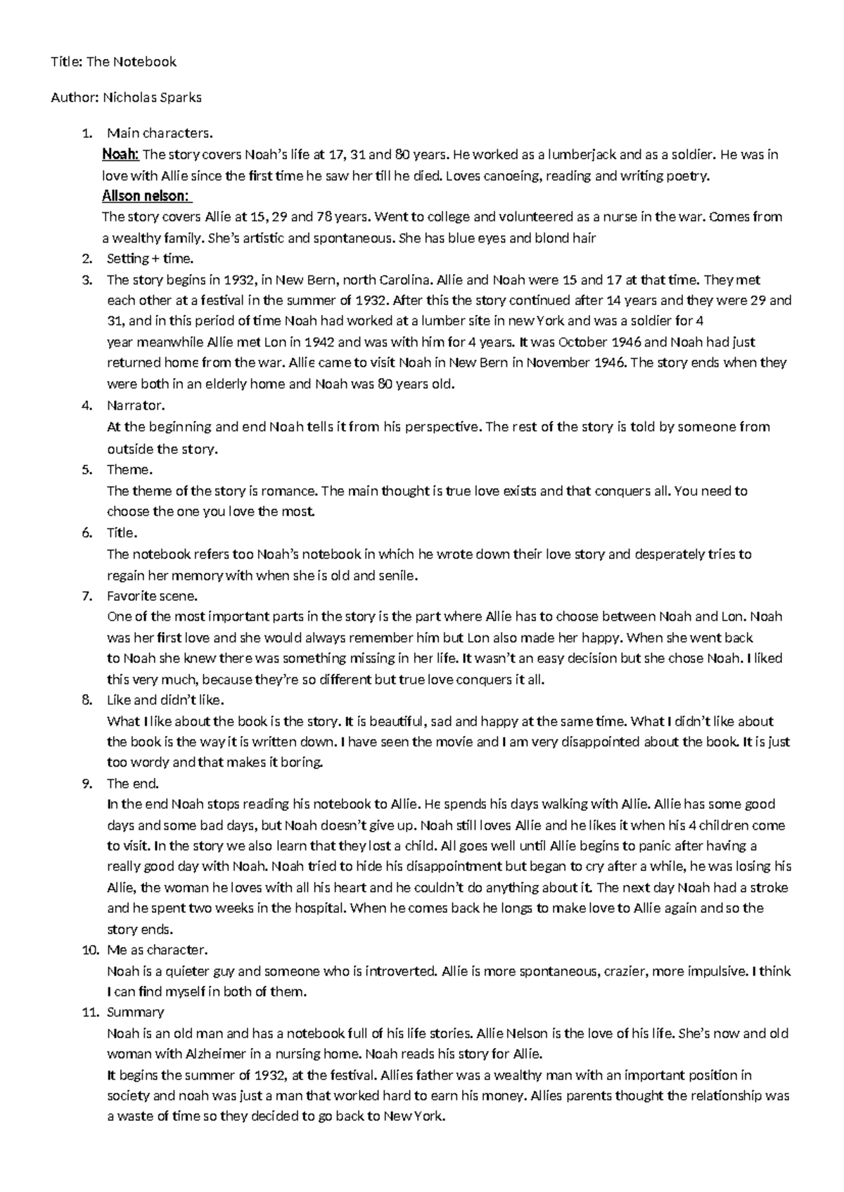 1460536309 Engels Boekverslag the notebook havo 4 - Title: The Notebook ...