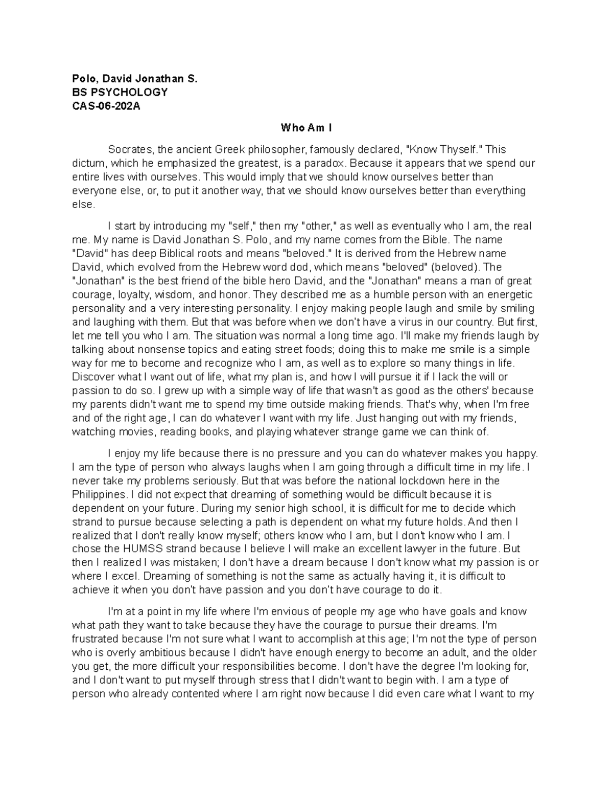 Activity 1 WHO AM 1 POLO - Polo, David Jonathan S. BS PSYCHOLOGY CAS-06 ...