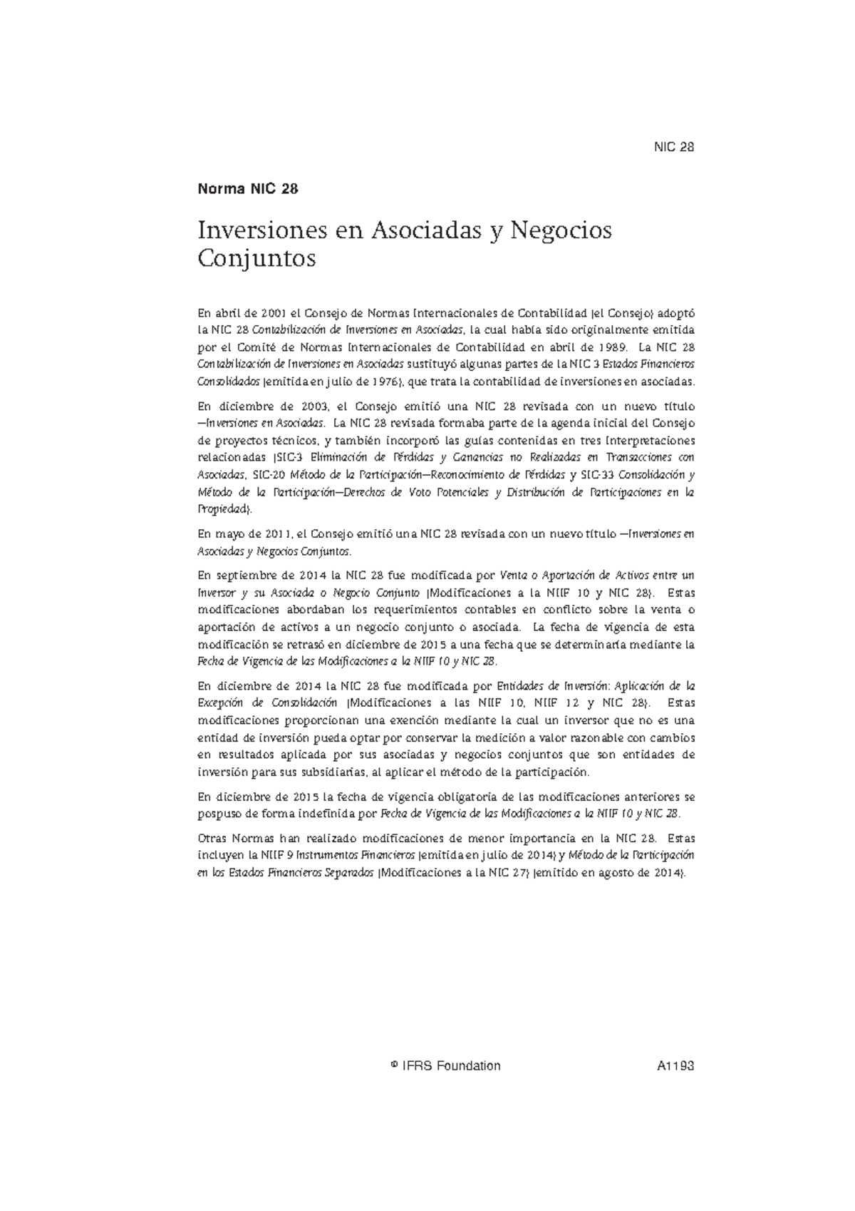 NIC 28 - NIC 28 - Norma NIC 28 Inversiones en Asociadas y Negocios ...