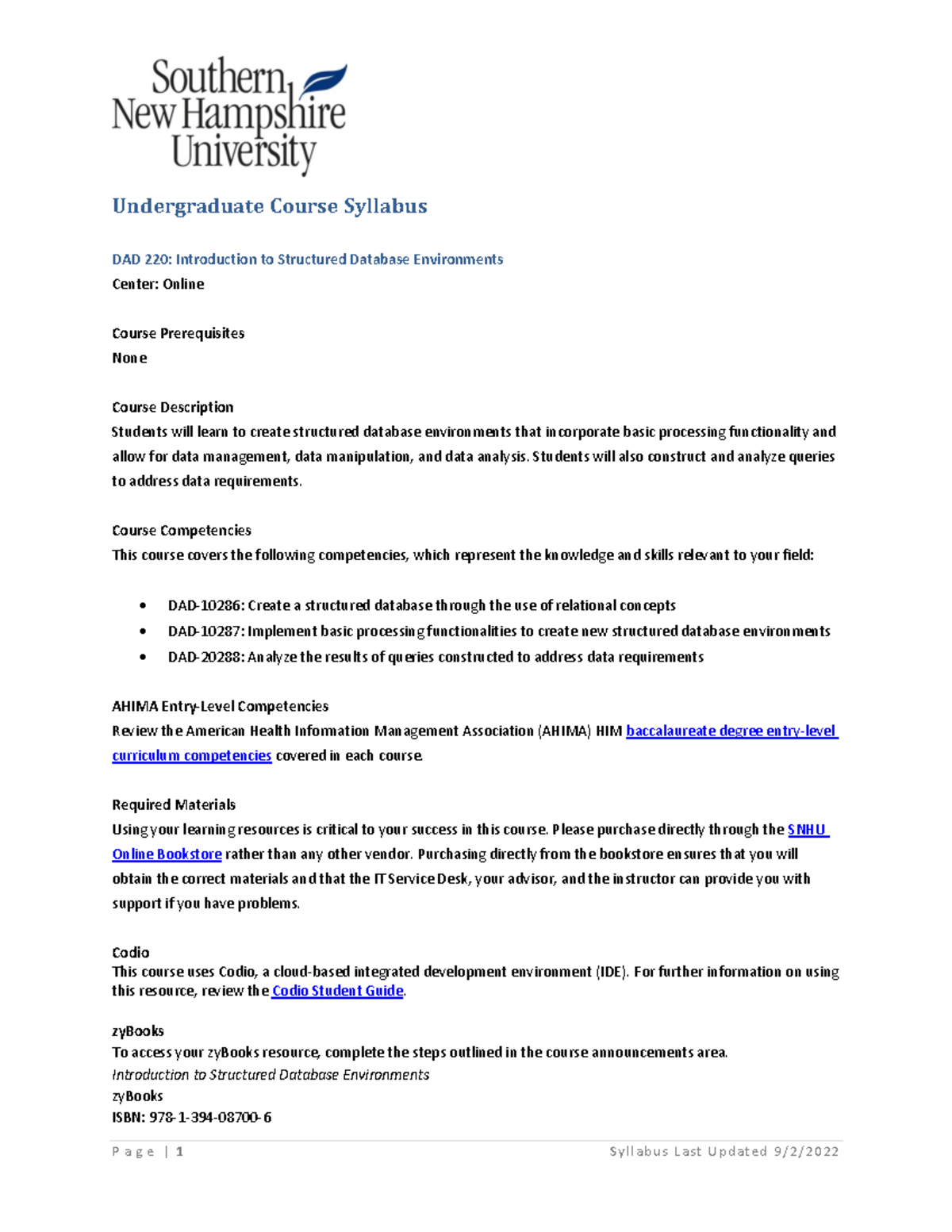 DAD 220 Syllabus - Undergraduate Course Syllabus DAD 220: Introduction to Structured Database ...