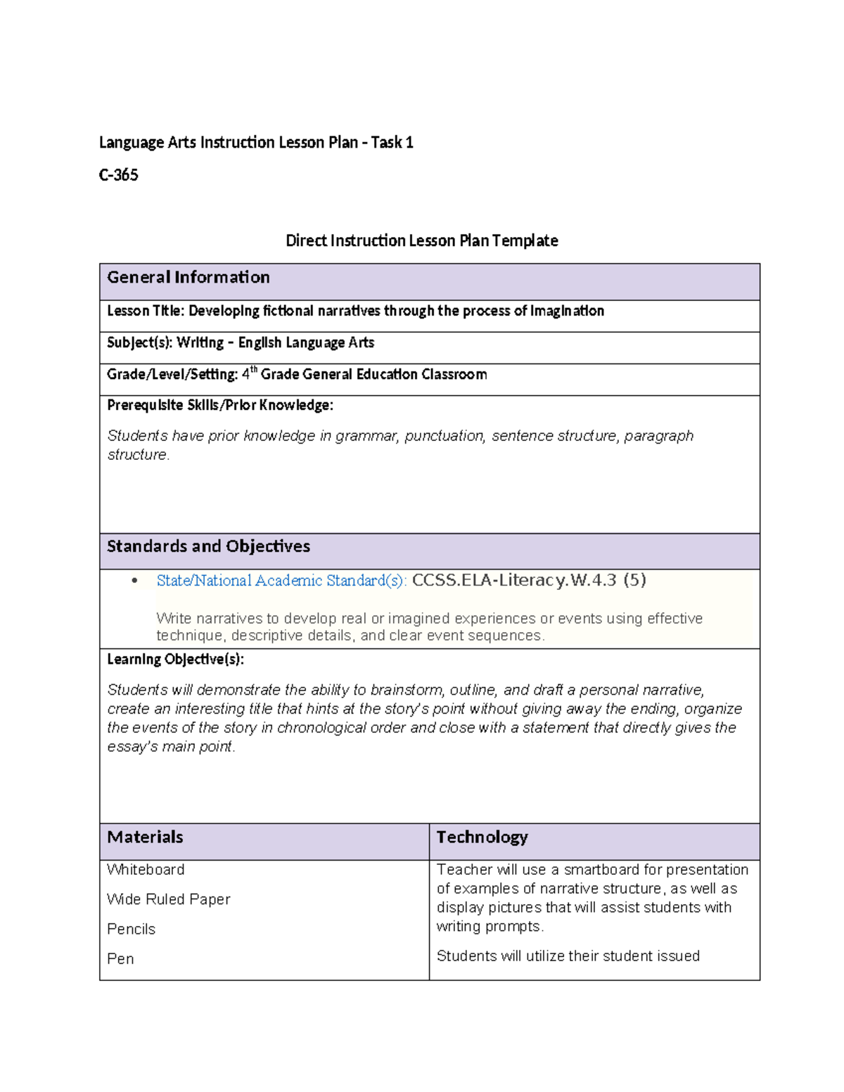 Language Arts Instruction Lesson Plan - Standards and Objectives State ...