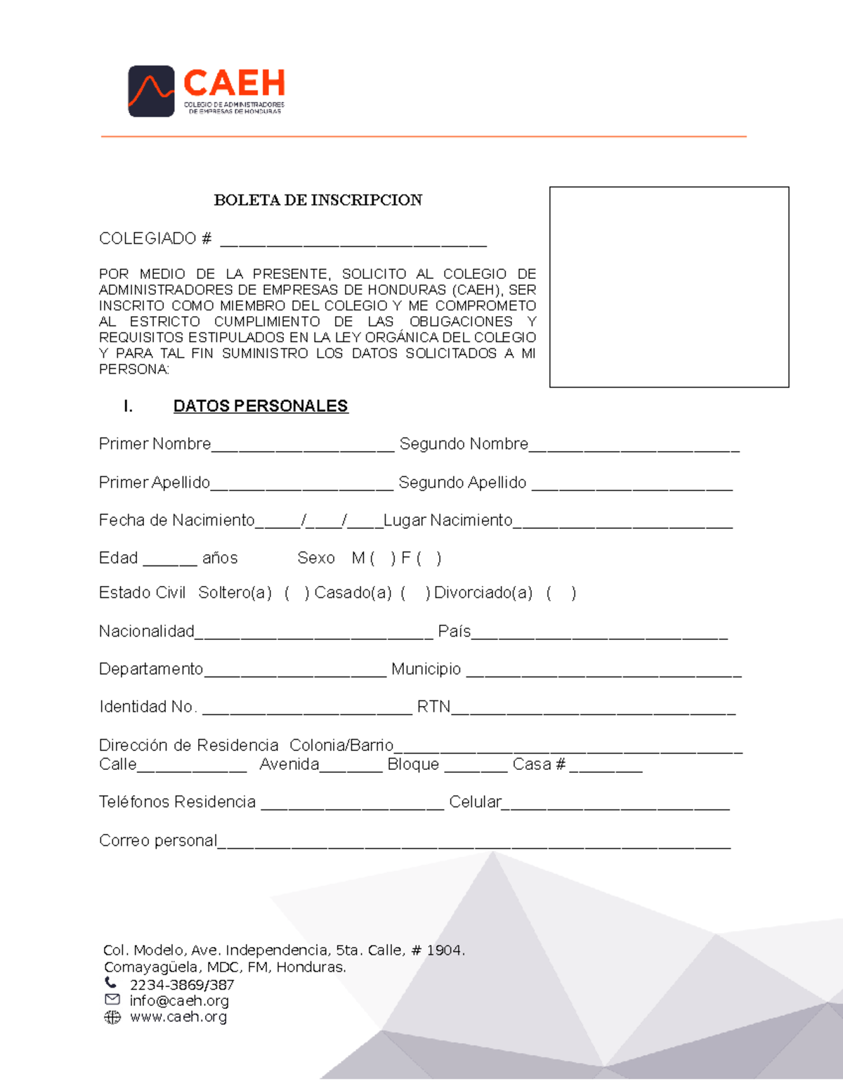 Boleta de Inscripcion CAEH - 2234-3869/ info@caeh caeh BOLETA DE ...