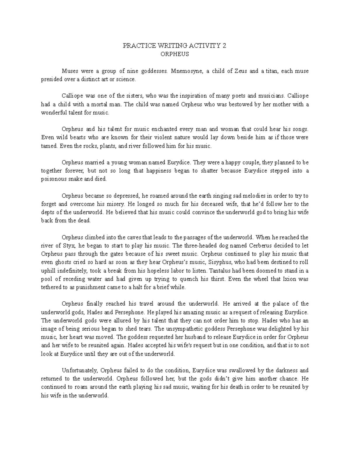 Practice Writing Activity 2 - PRACTICE WRITING ACTIVITY 2 ORPHEUS Muses ...