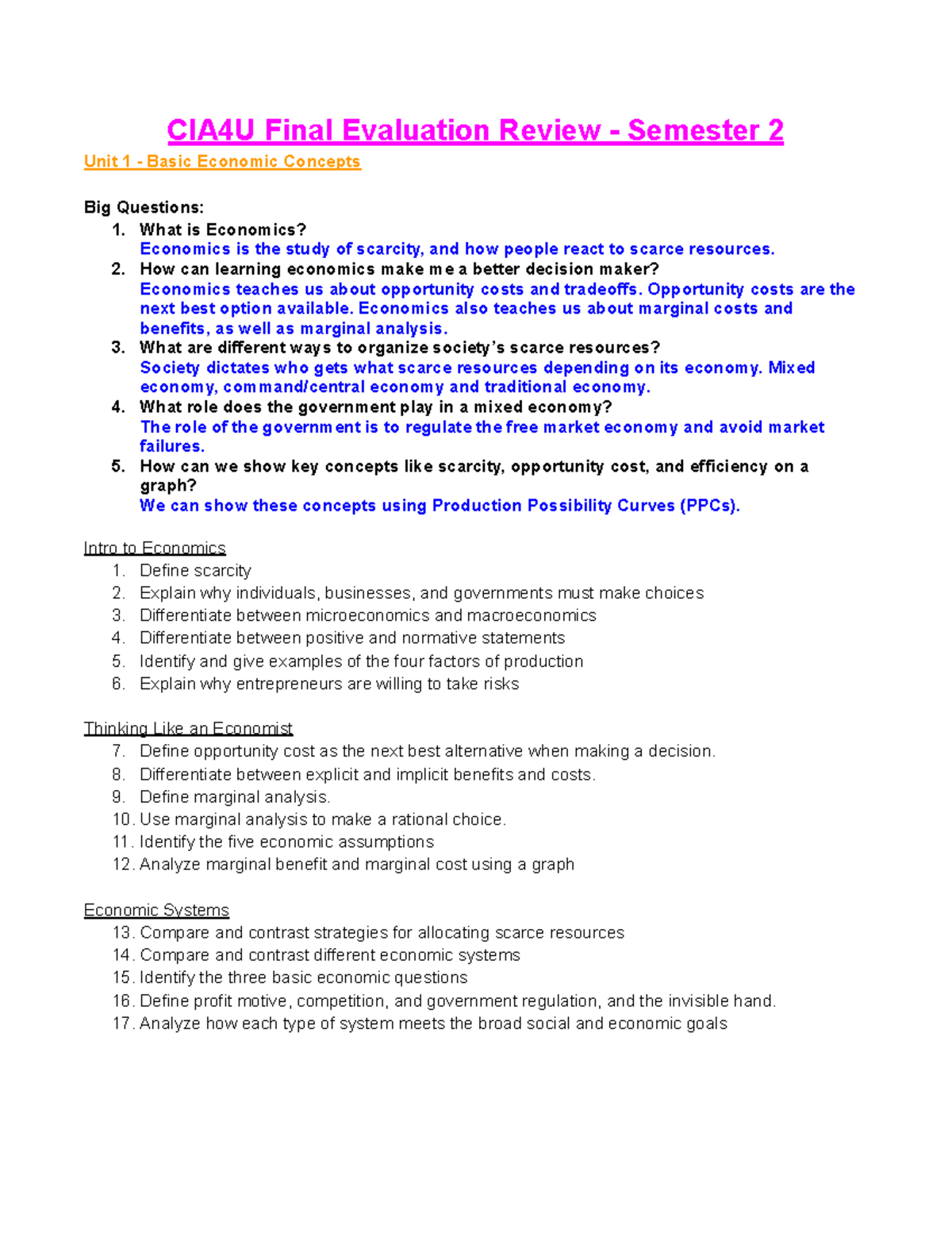 CIA4U Final Evaluation Review 2023 - What is Economics? Economics is ...