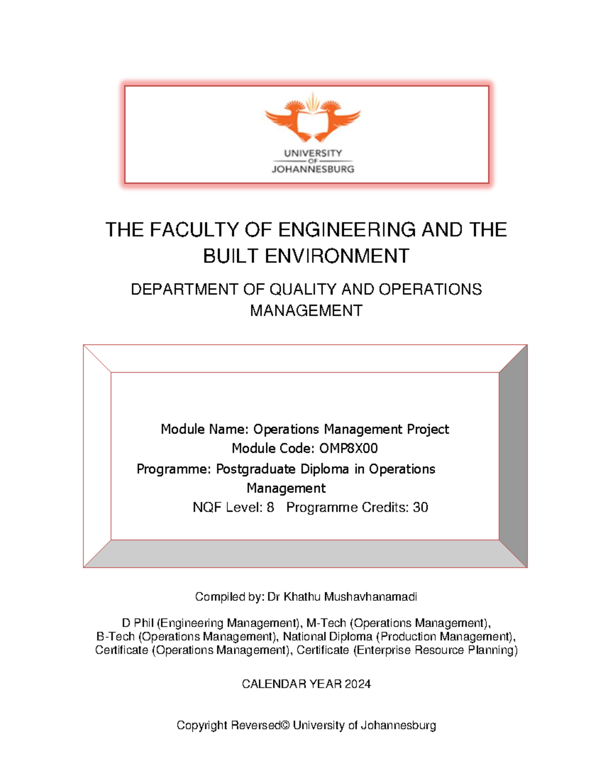 Learning Guide - OMP Project February - THE FACULTY OF ENGINEERING AND THE BUILT ENVIRONMENT ...