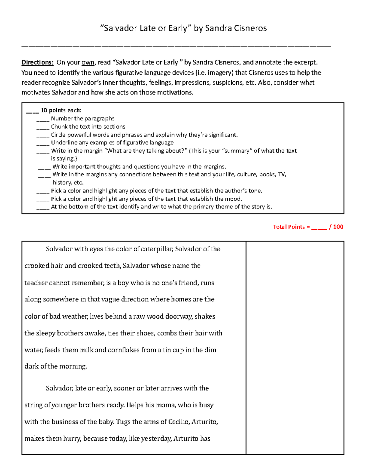 “Salvador Late or Early” by Sandra Cisneros - Google Docs - “Salvador ...