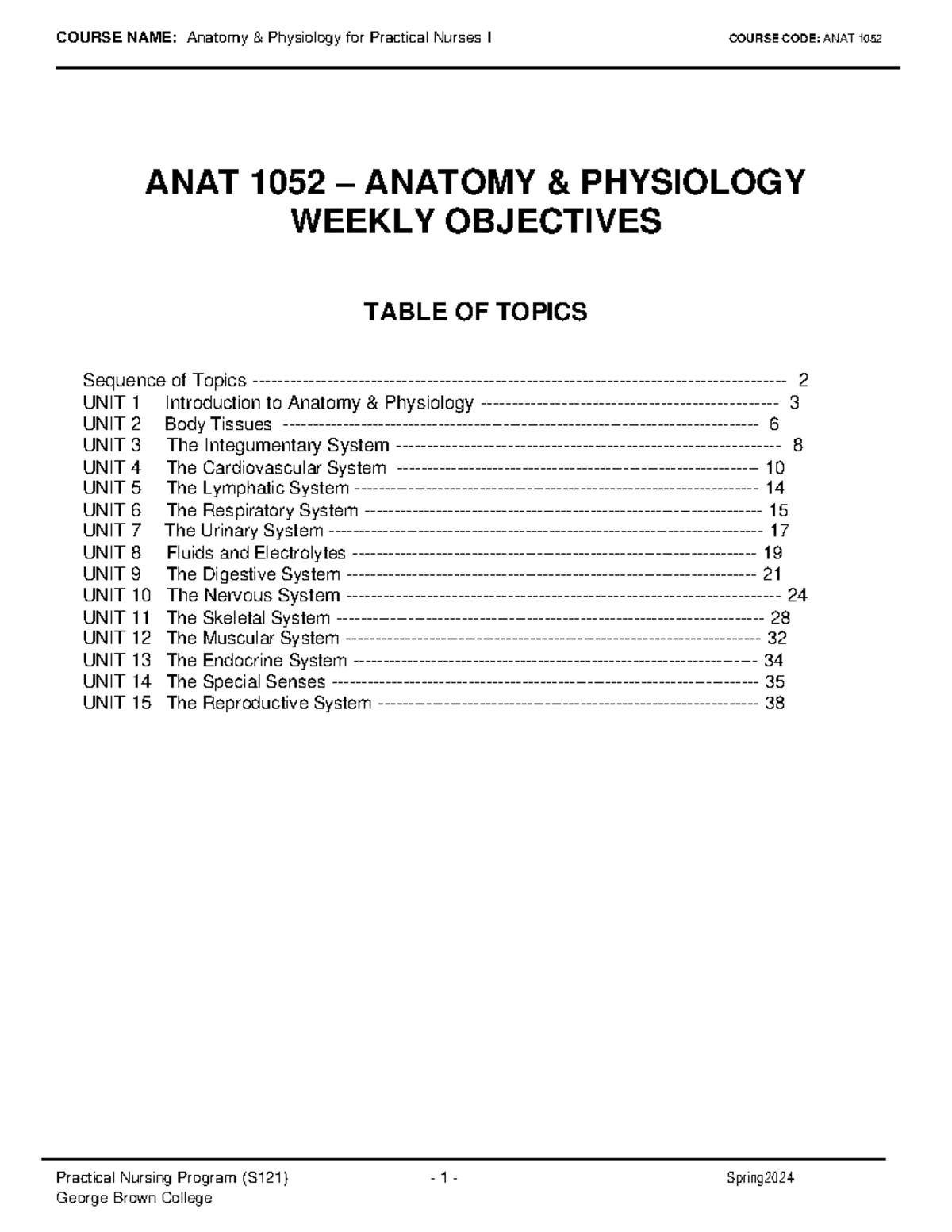 ANAT 1052 Course Outline - ANAT 1052 – ANATOMY & PHYSIOLOGY WEEKLY ...