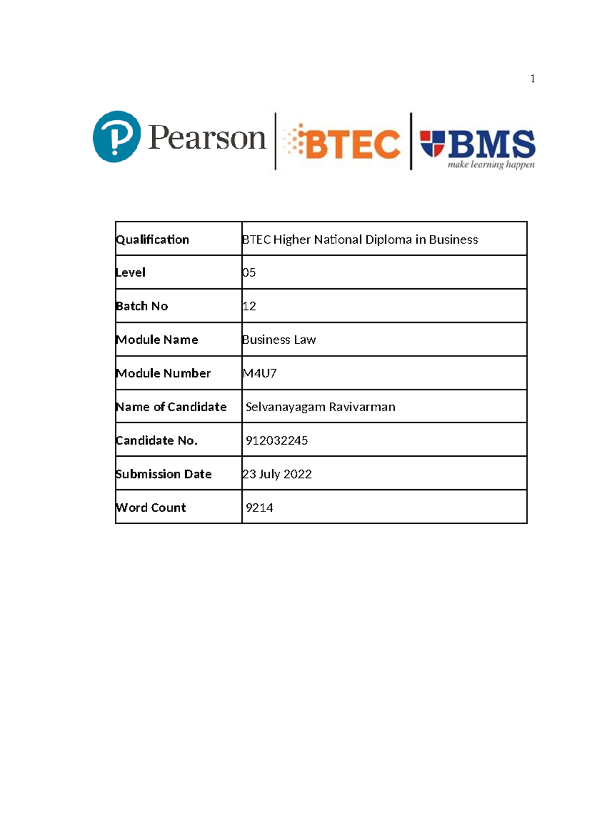 Business Law Ravi - Qualification BTEC Higher National Diploma in ...